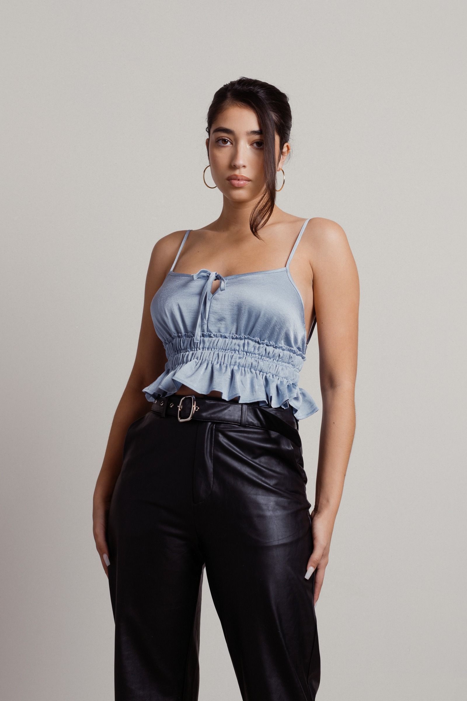 Light Blue Crop Top - Blue Ruffle Top - Satin Crop Top