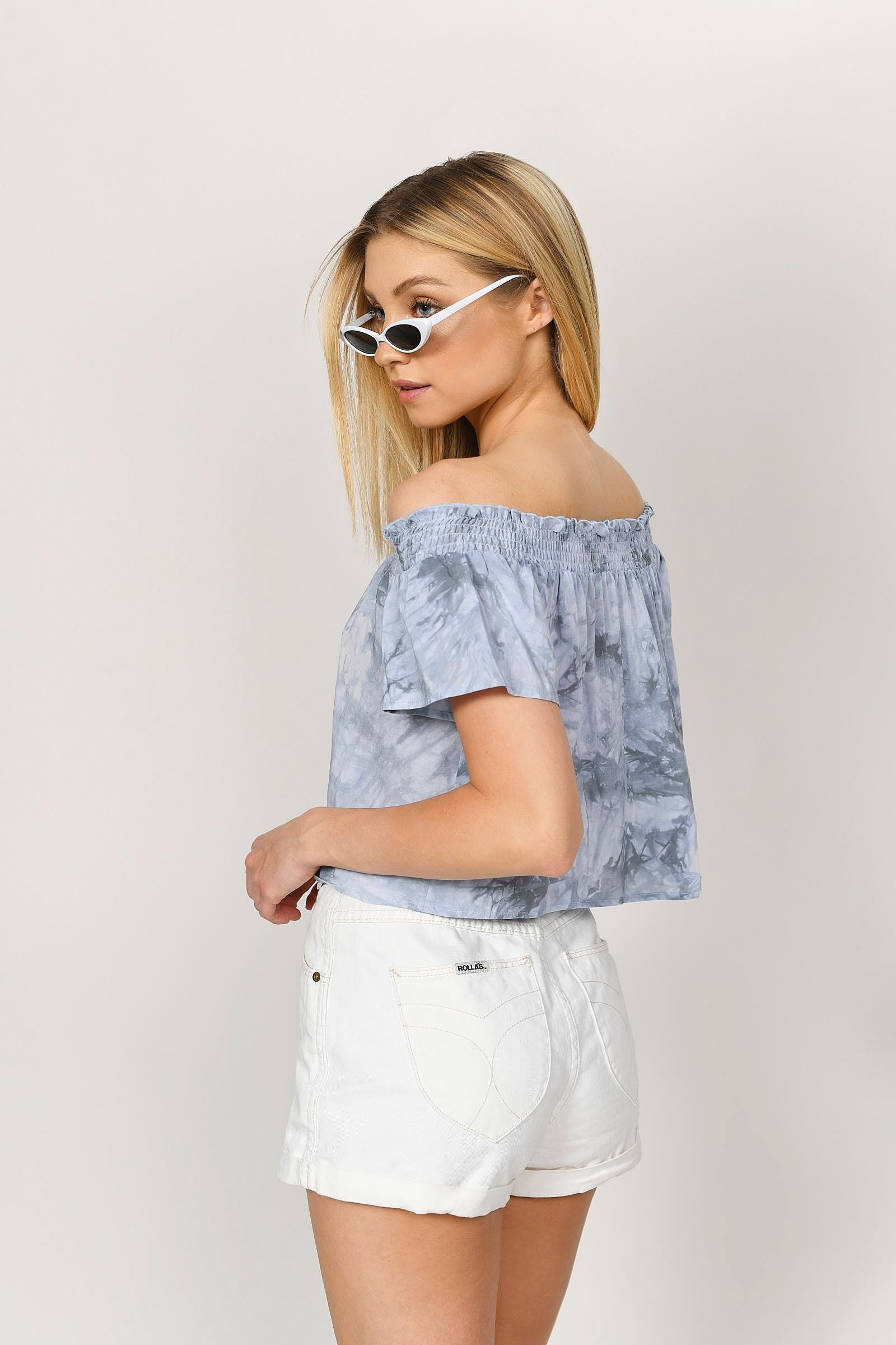 Blue Top - Off Shoulder Tie Dye Print Top - Light Blue Top Wiyh Elastic ...