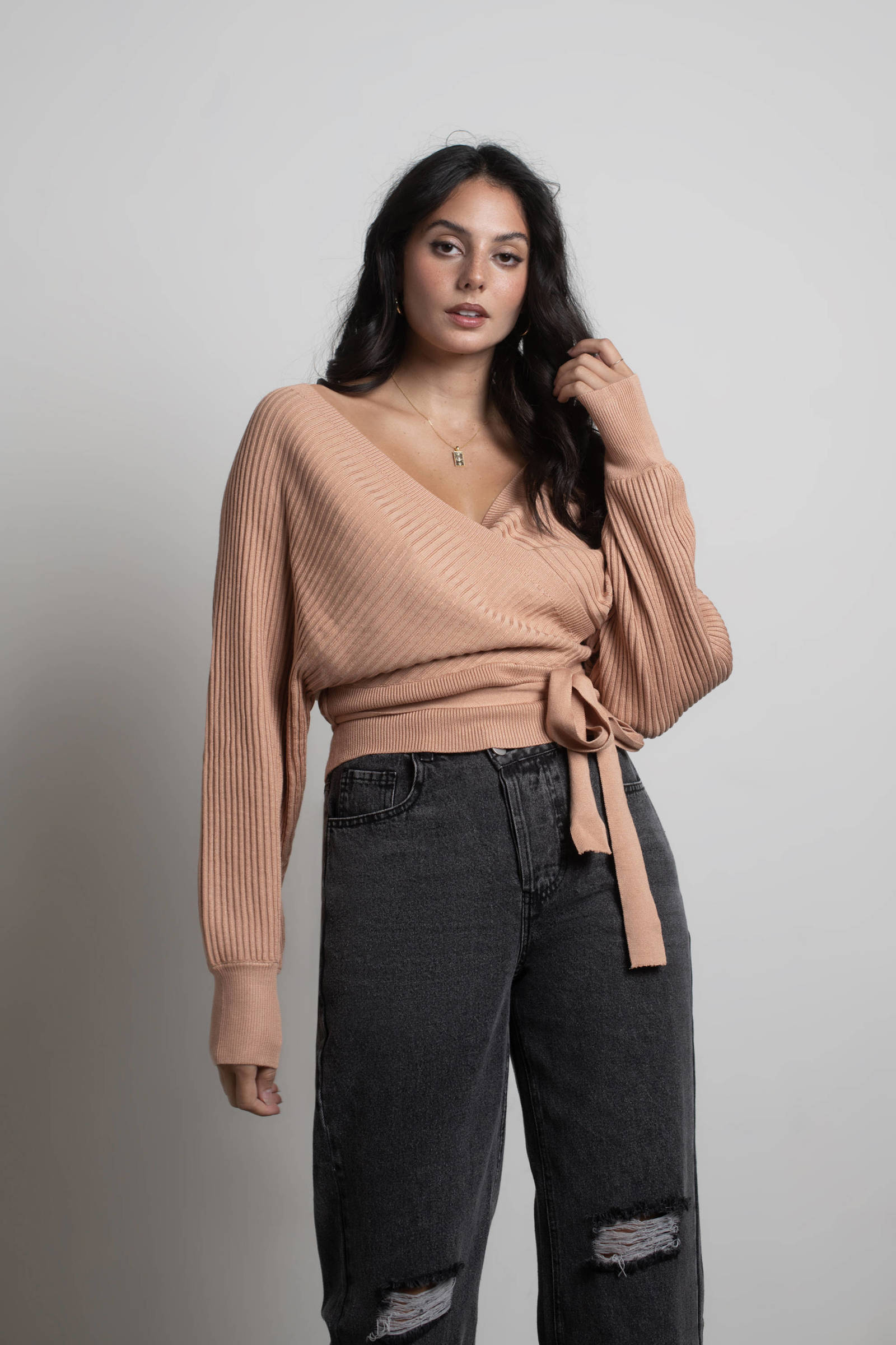 Purple Sweater - Ribbed Wrap Tie Sweater - Light Pink Bardot Neck Sweater