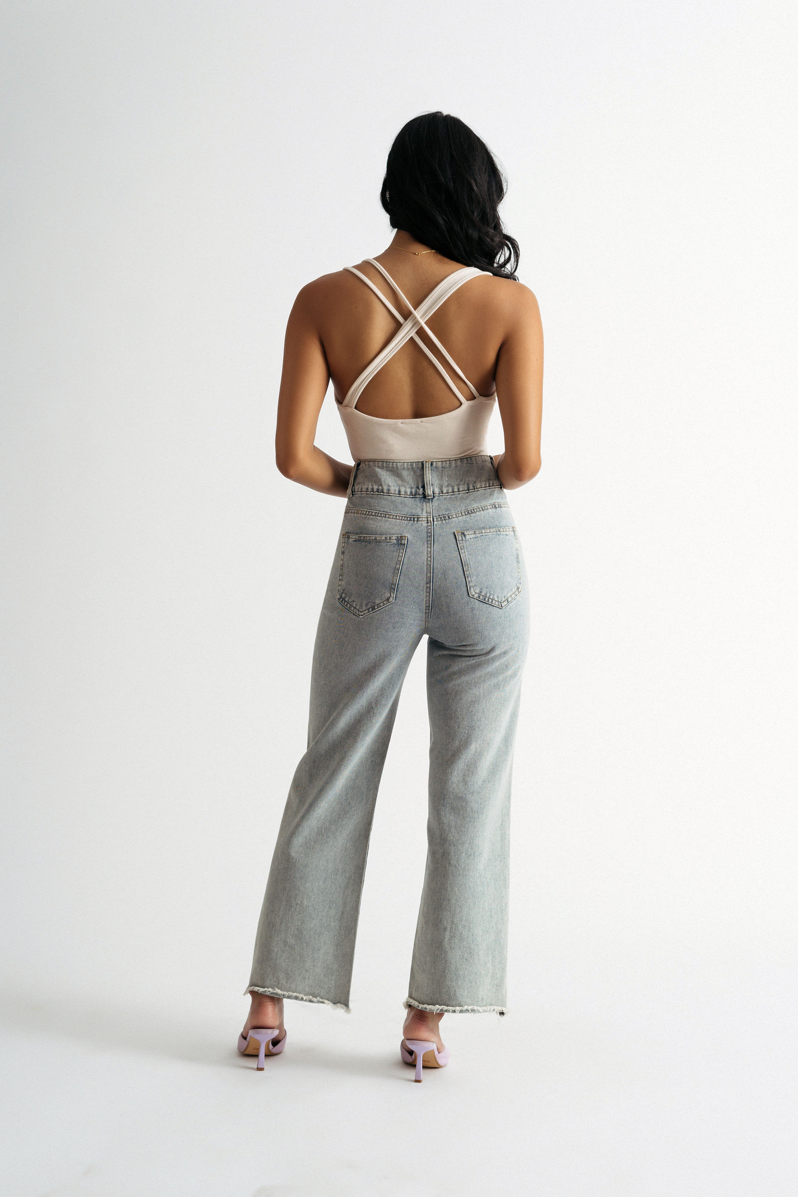 Light Taupe Strappy Scoop Neck Bodysuit - Cross Back Bodysuit