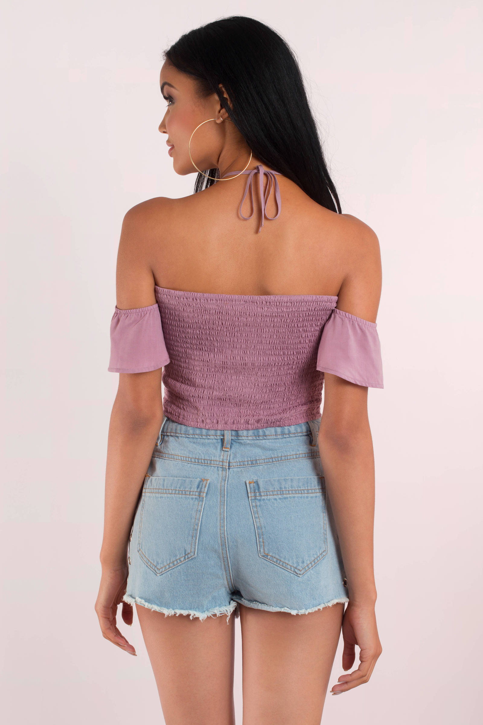 Violet Crop Top - Lilac Off Shoulder Crop Top - Halter Tie Sleeves Crop Top