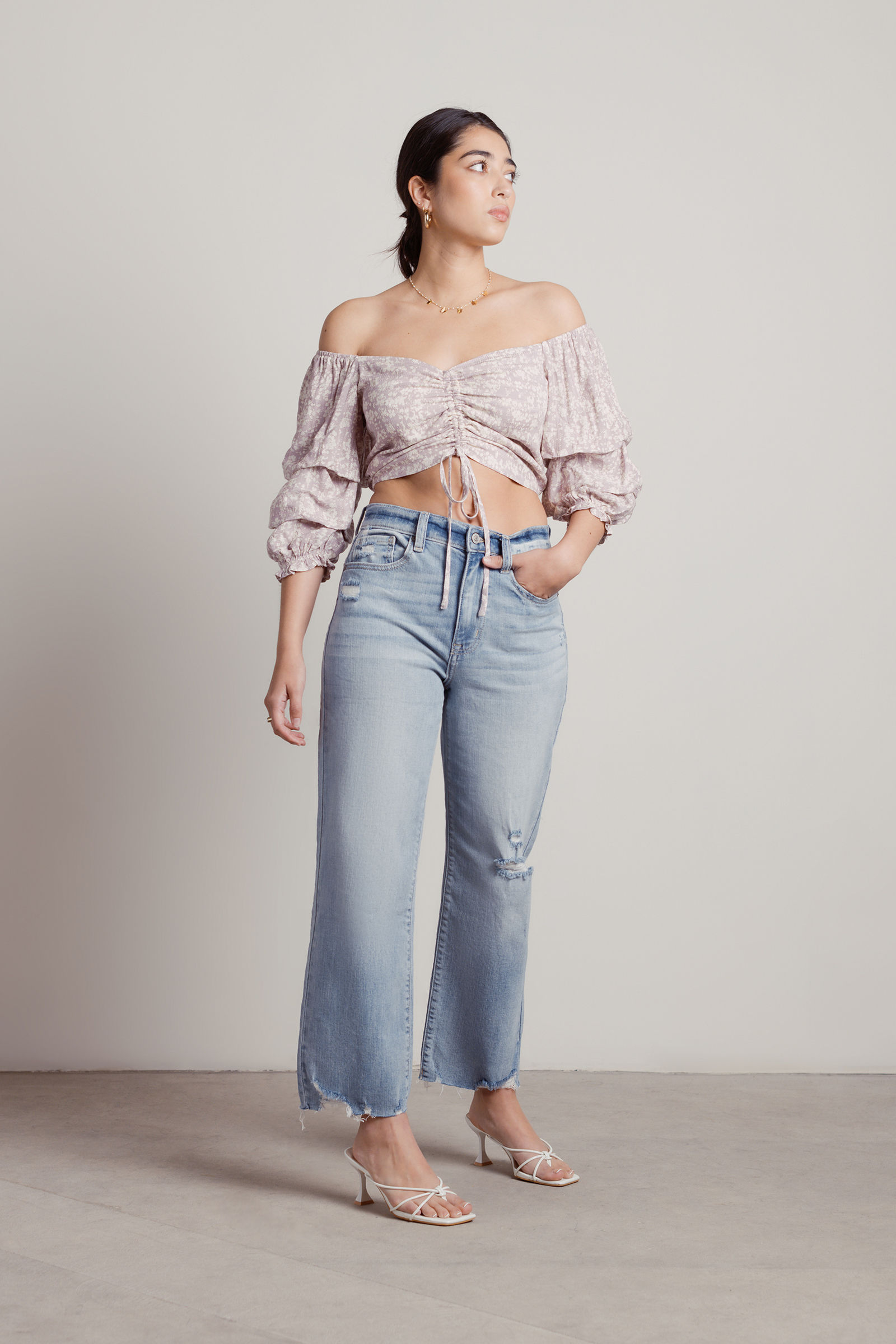 Violet Crop Top - Floral Print Off Shoulder Crop Top - Lilac Ruched ...