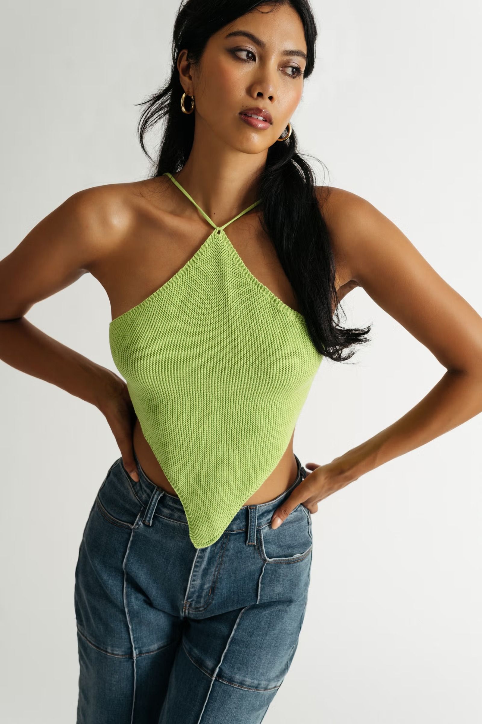 Lime Handkerchief Halter Top - Ribbed Cropped Top