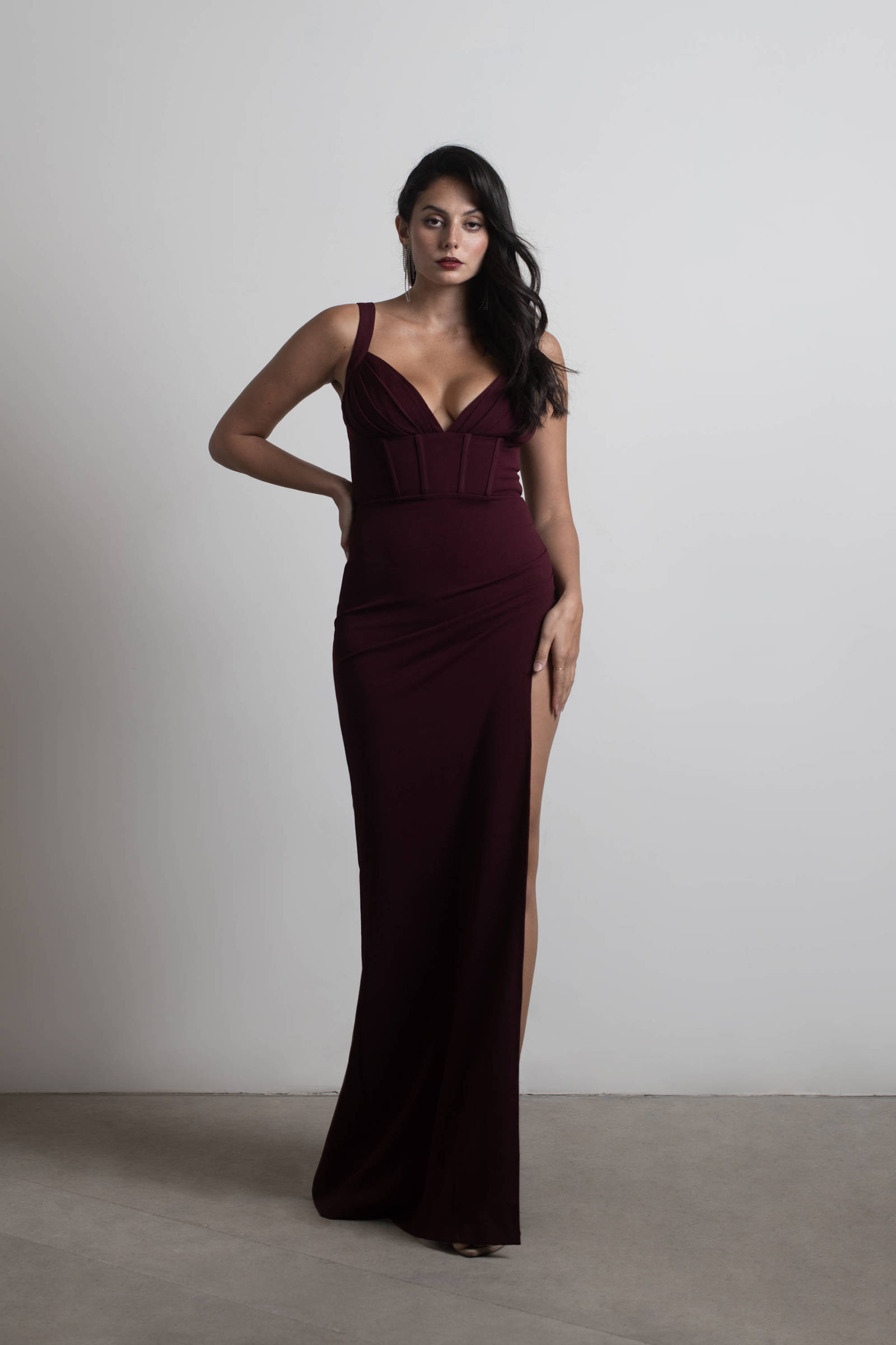 Maroon Dress - Red Corset Dress - Side Slit Dress