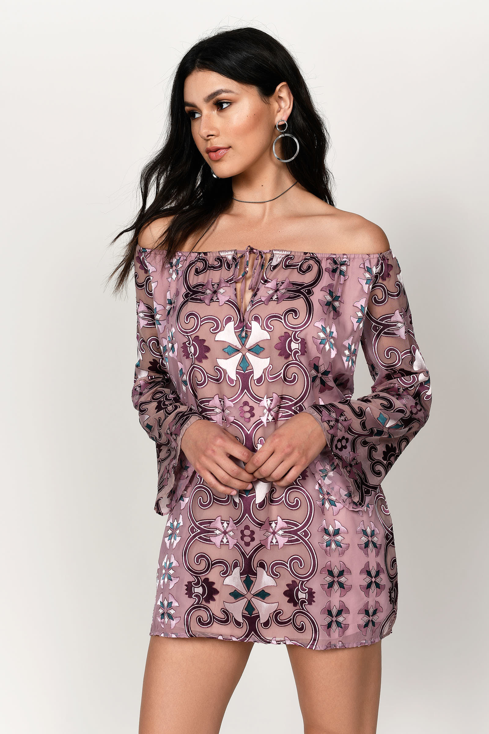 Purple Mini Dress - Printed Shift Babydoll Dress - Off Shoulder Mauve Dress