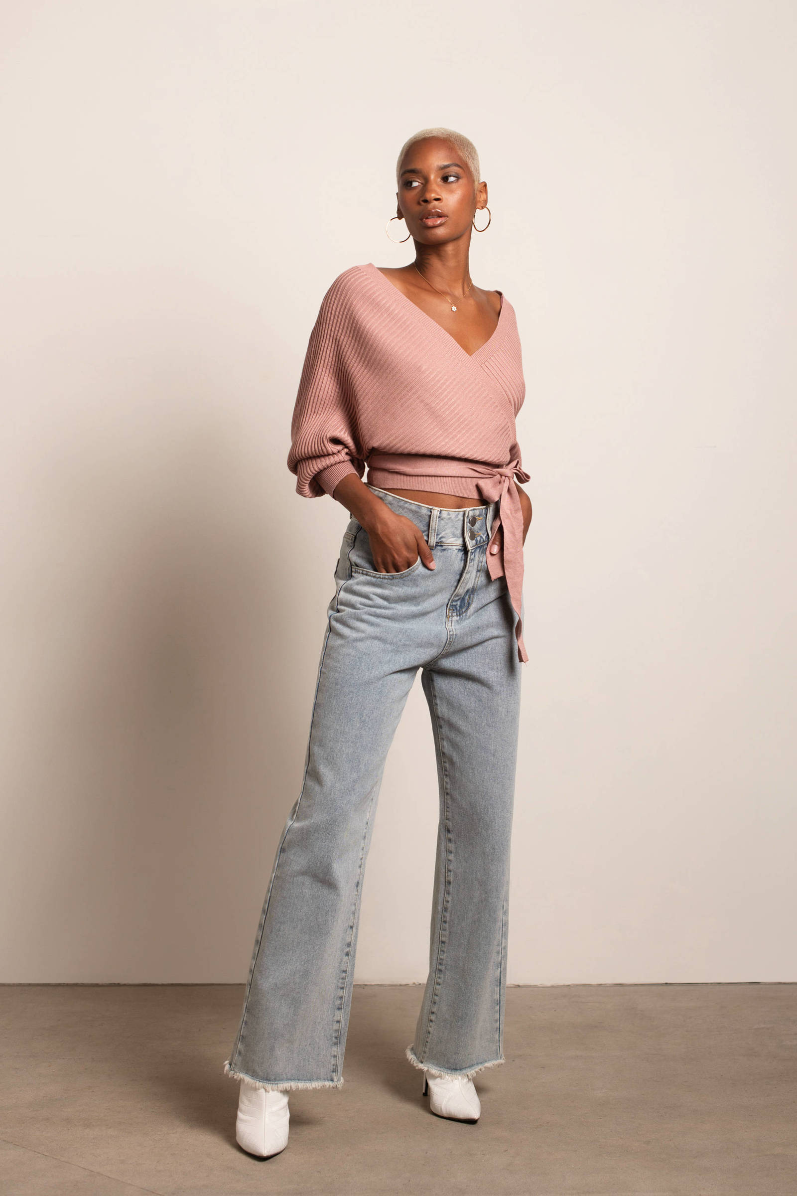 Pink Sweater - Ribbed Wrap Tie Sweater - Light Pink Bardot Neck Sweater