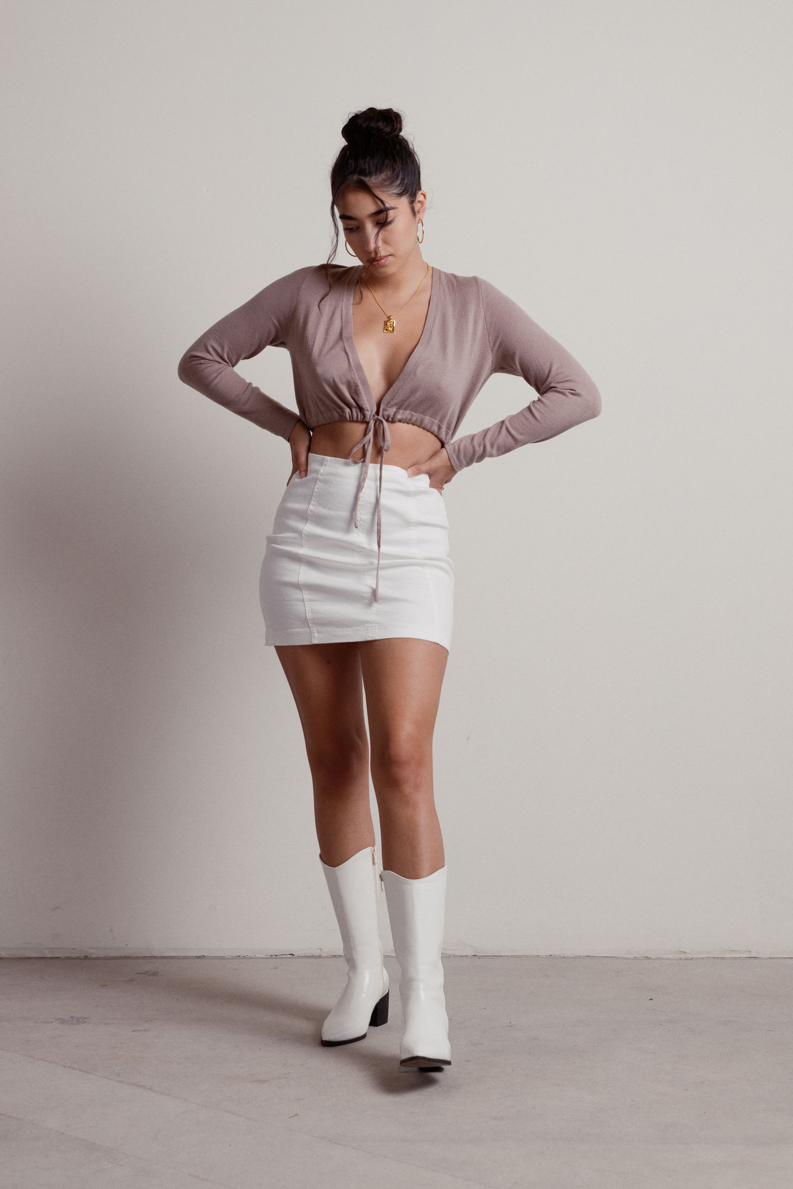 Brown Crop Top - Deep-V Tie Front Crop Top - Mocha Long Sleeve Crop Top