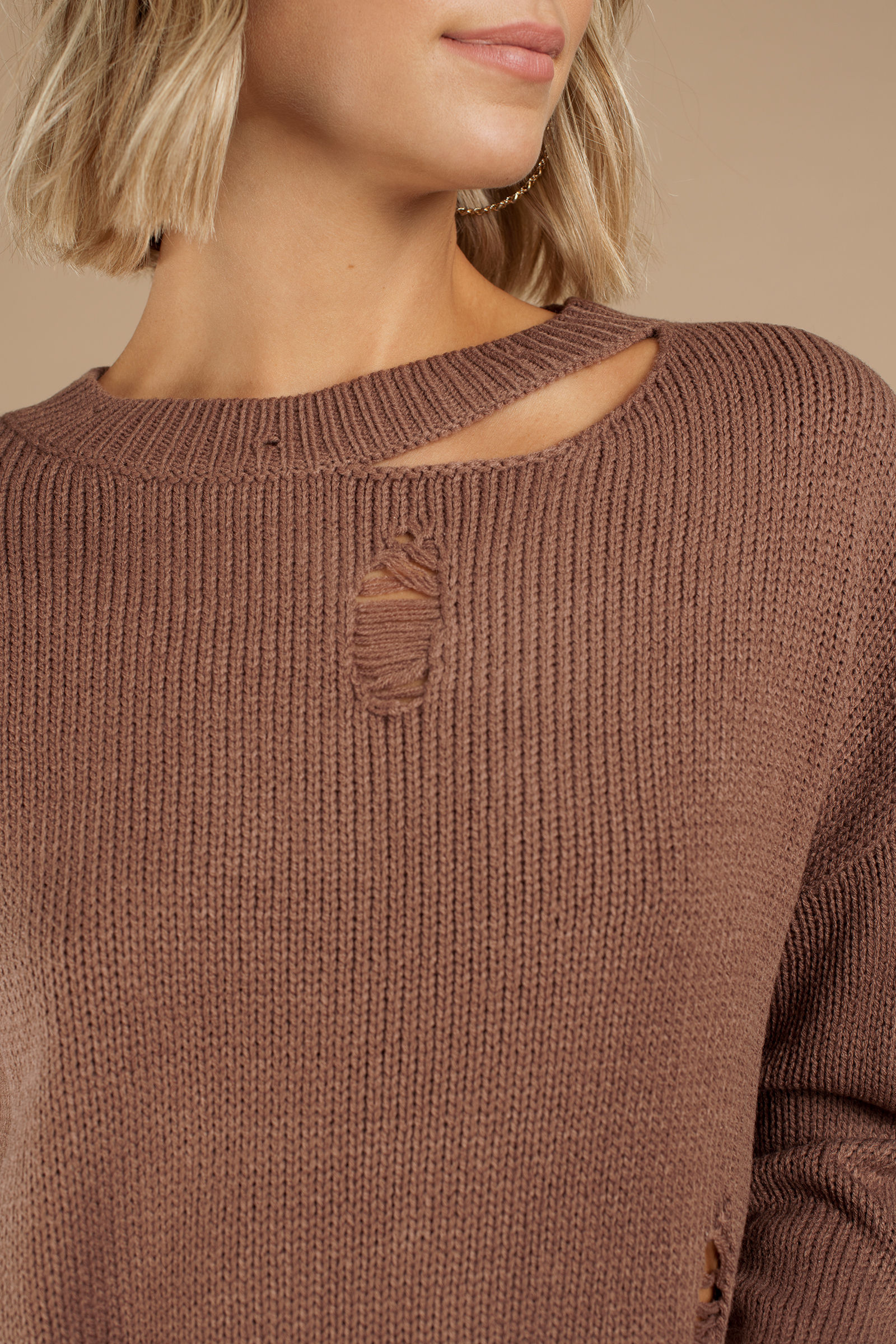 Black Mini Dress - Neckline Sweater Dress - Distressed Sleeve Dress