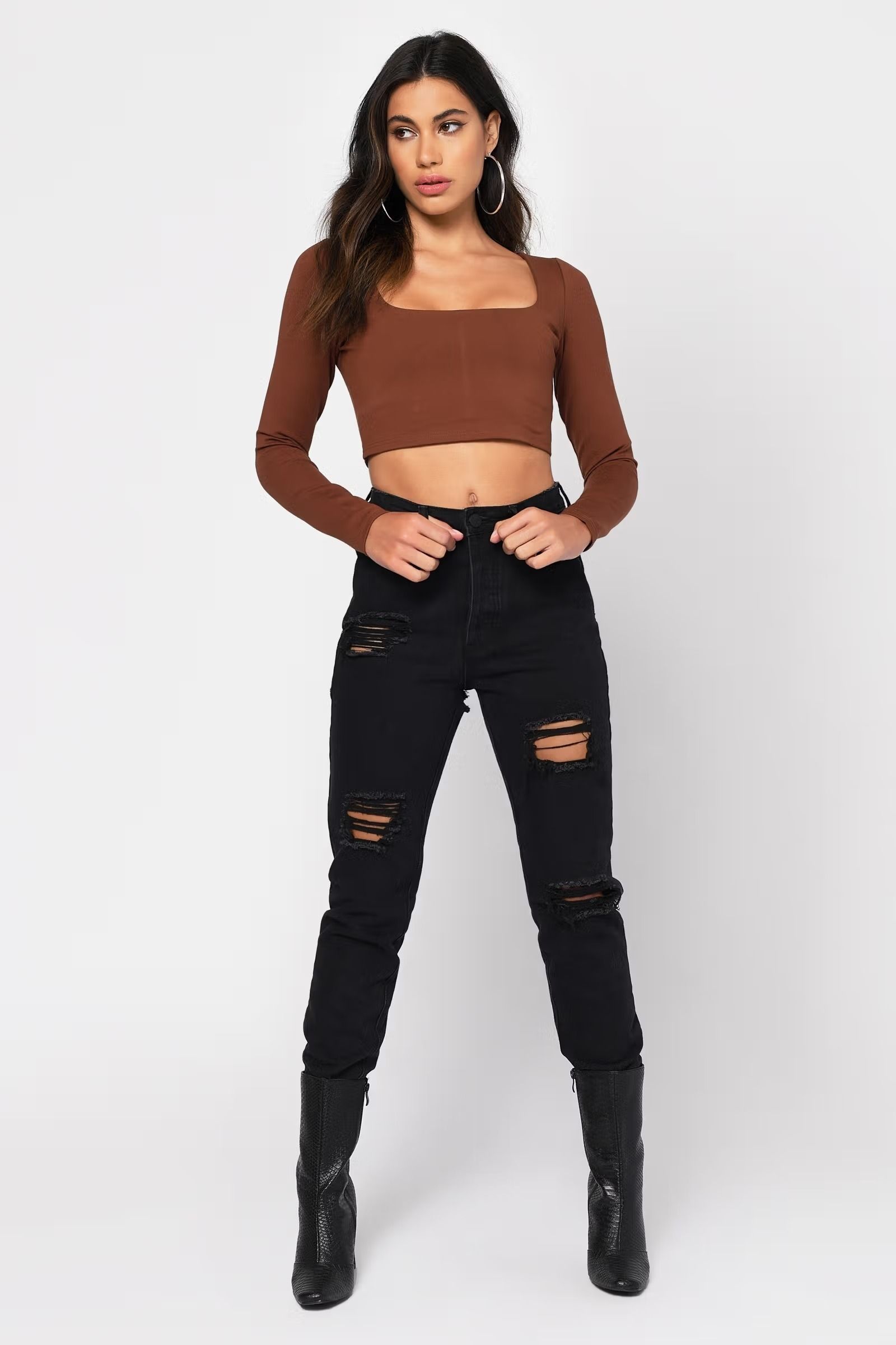 Black Crop Top - Square Neck Crop Top - Long Sleeve Crop top