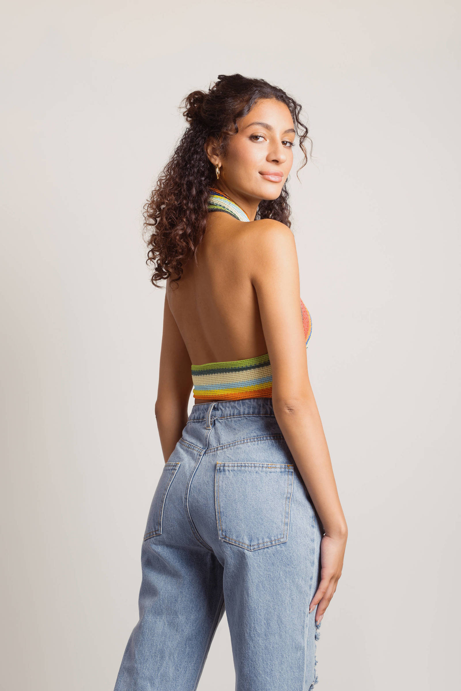 Multi Color Crop Top - Multi Halter Neck Crop Top - Striped Print Crop Top
