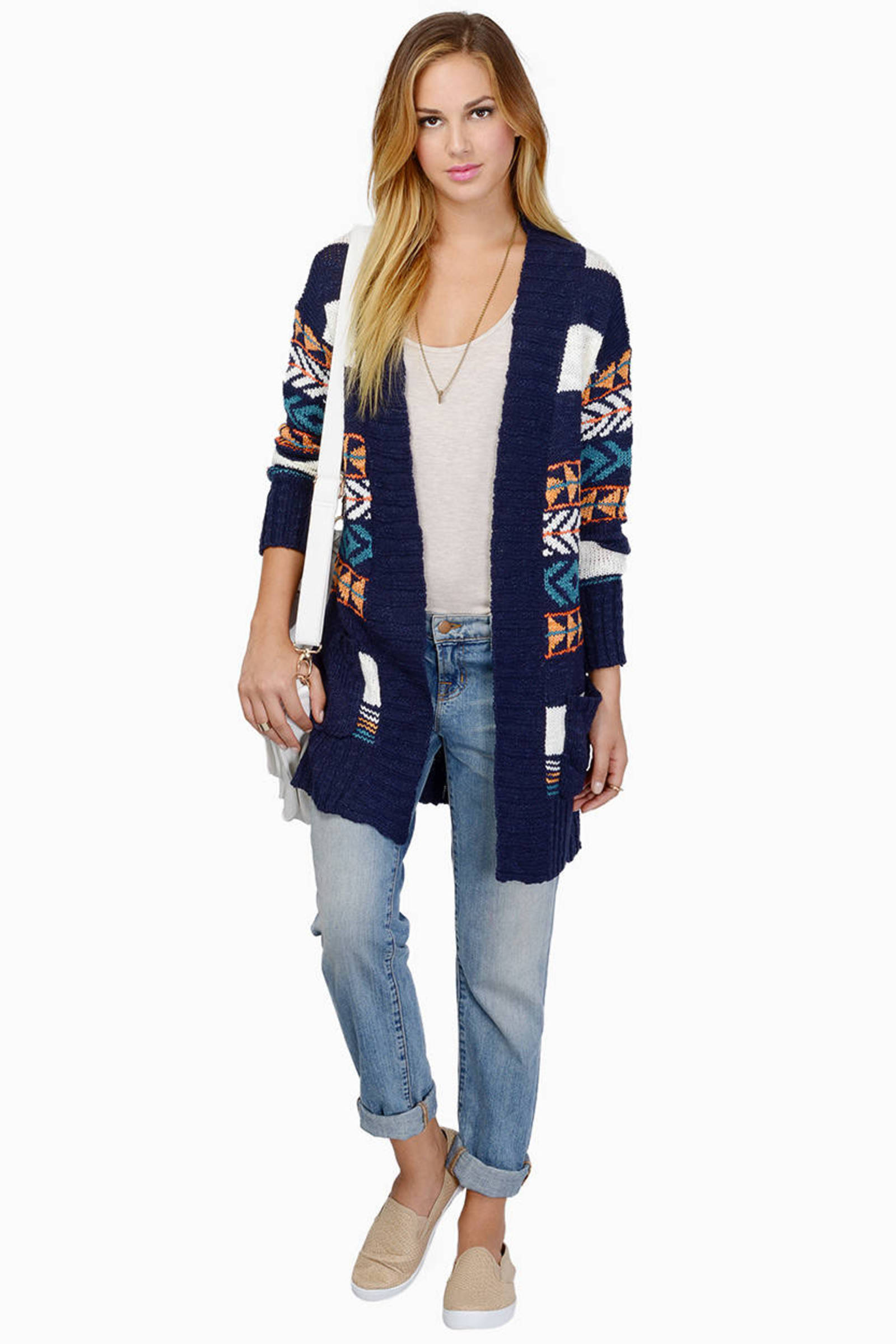 Navy Cardigan - Wrap Cardigan - Southwest Print Cardigan