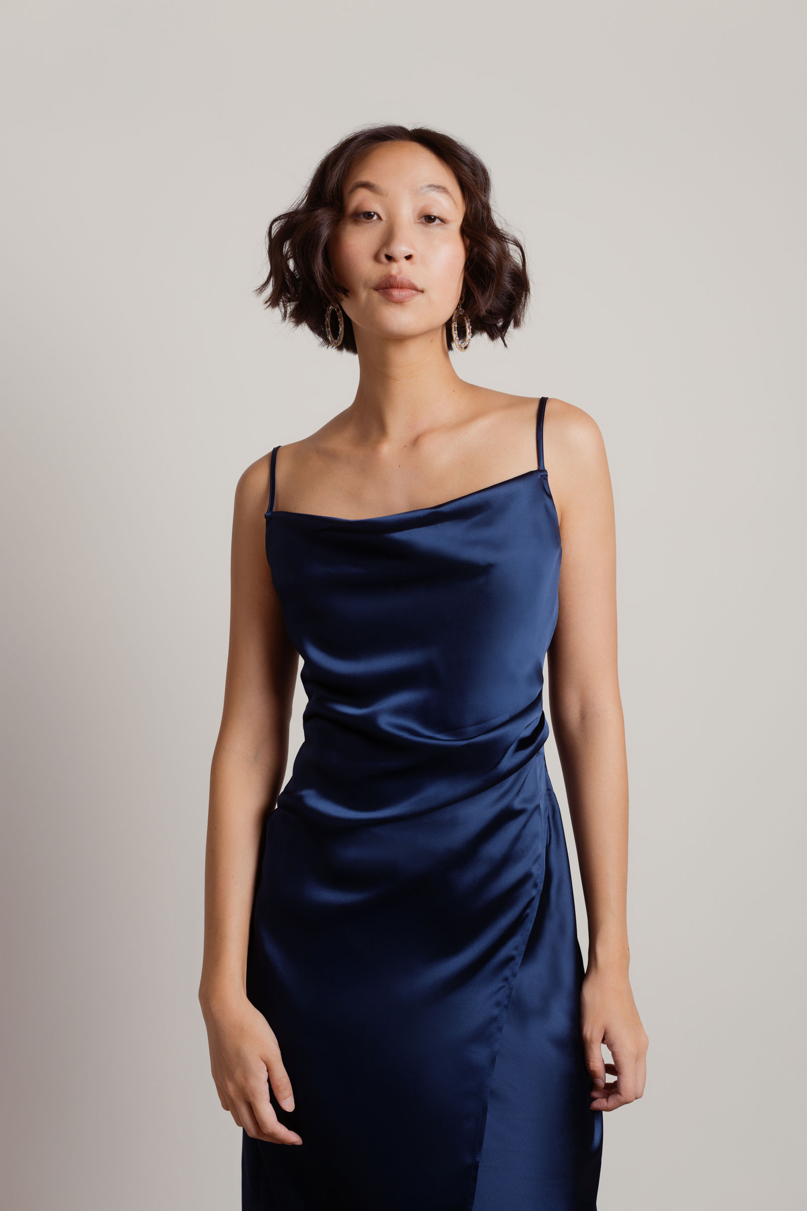 Blue Midi Dress - Satin Dress With Cowl Neck - Navy Slip Dress