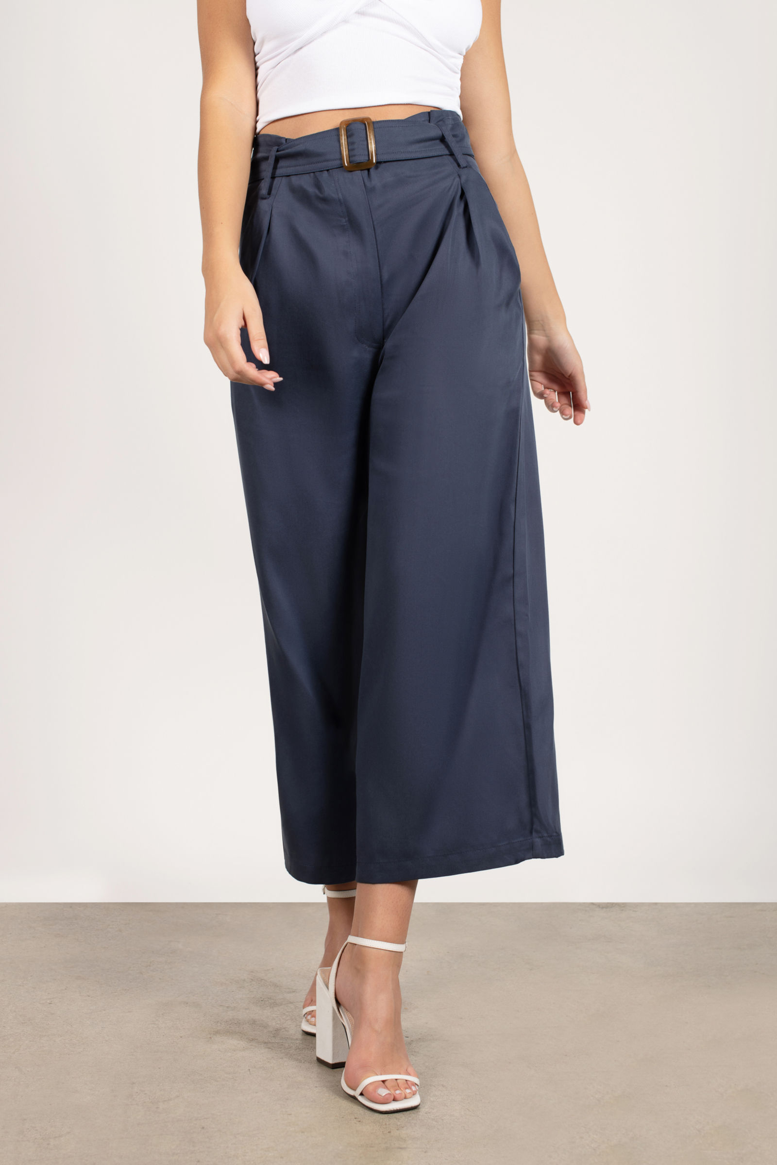 Blue Pants - Cropped Wide Leg Pants - Navy Front Zipper Closure Pants