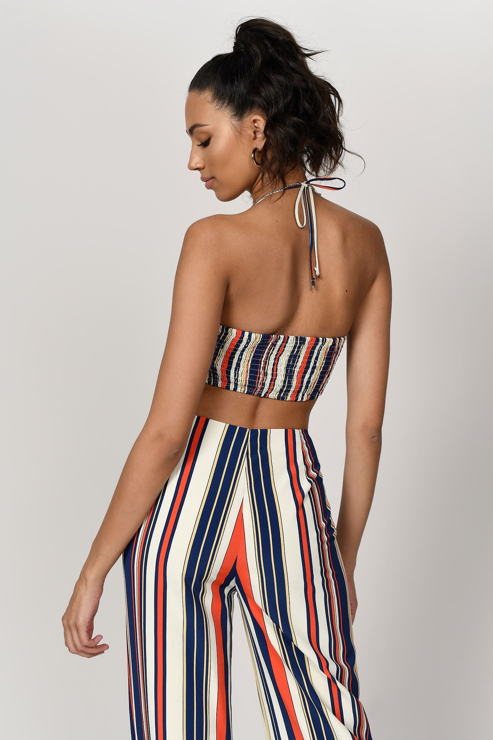 Blue Crop Top - Multi Colour Crop Top - Navy Long Tie Crop Top