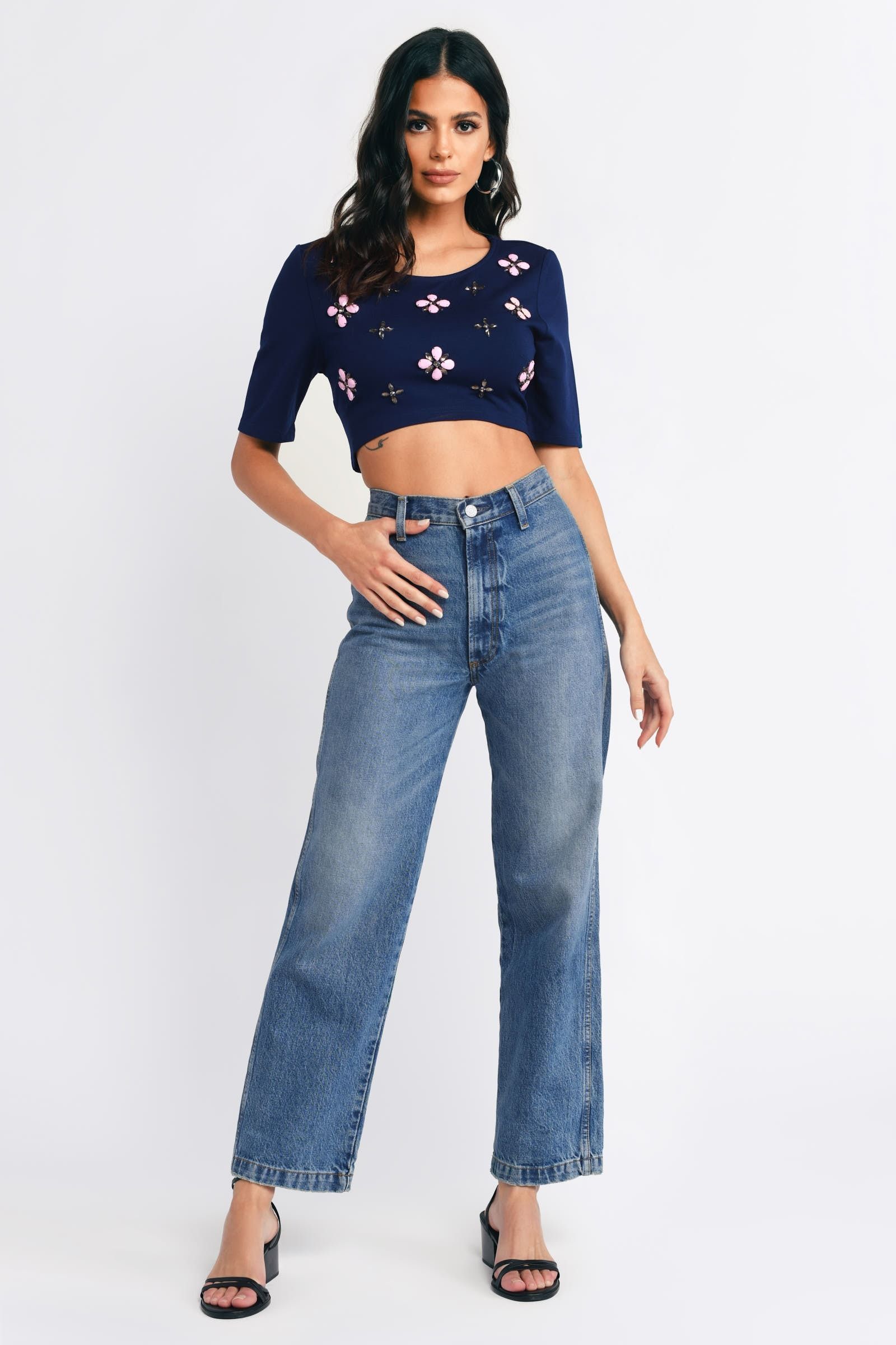 Navy Crop Top - blue Top - Beaded Top - blue Crop Top