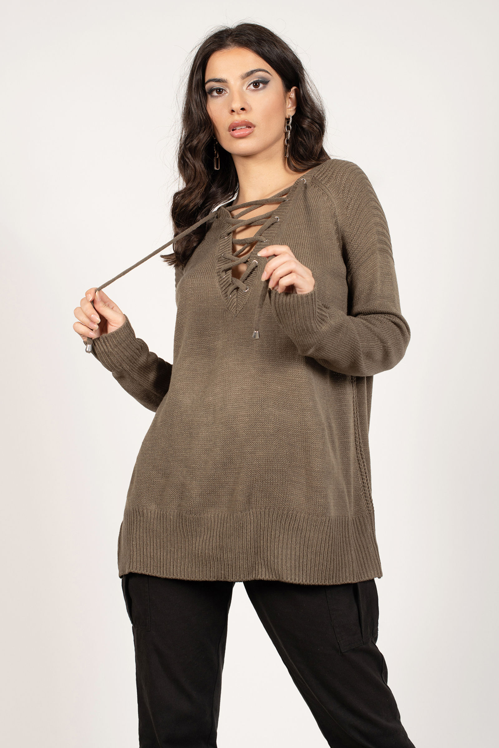 Beige Sweater - Lace Up Sweater With V Neck - Toast Ribbed Hem Sweater