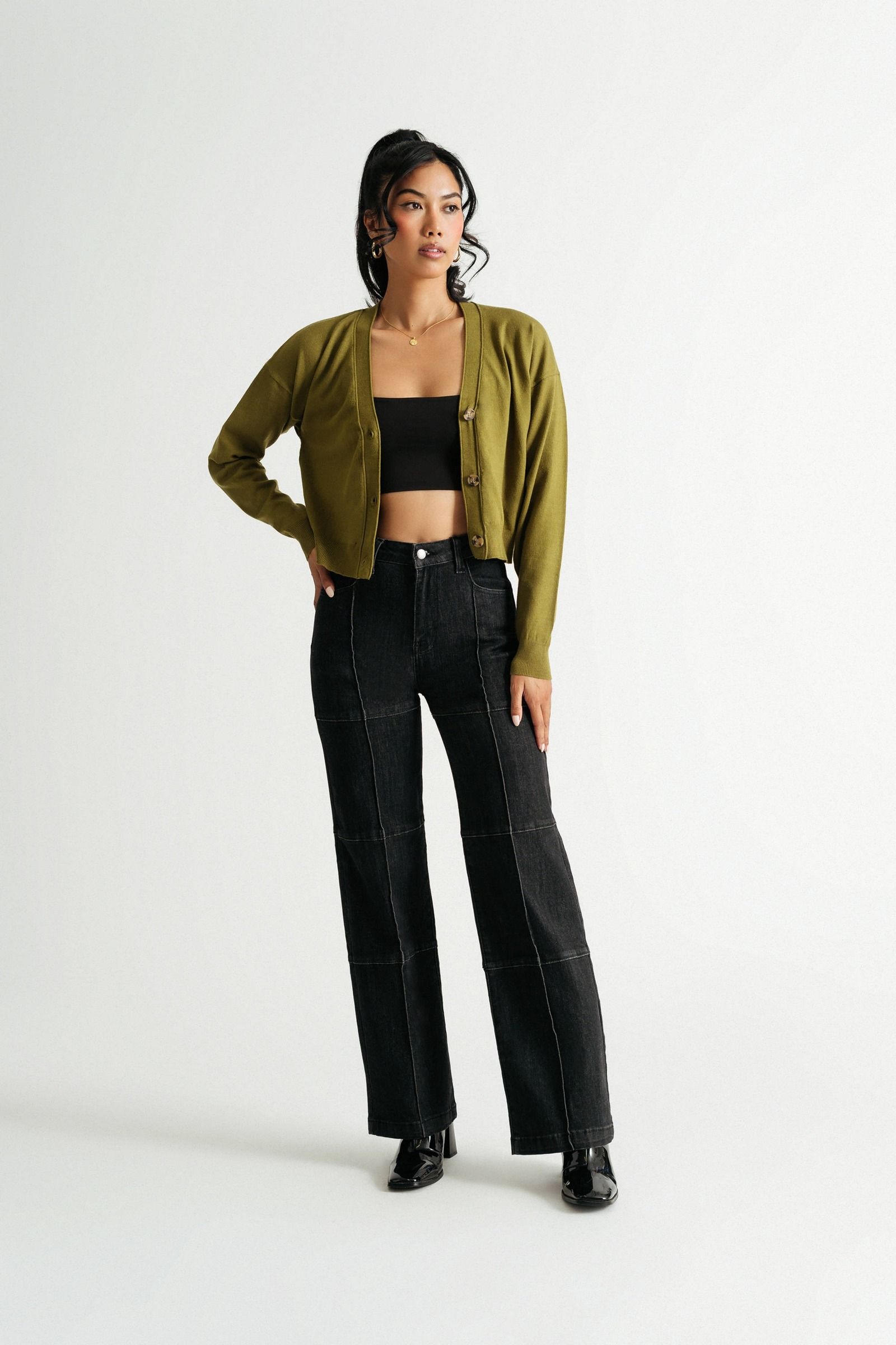 Olive Green Button Up Cardigan - Crop Top Long Sleeve