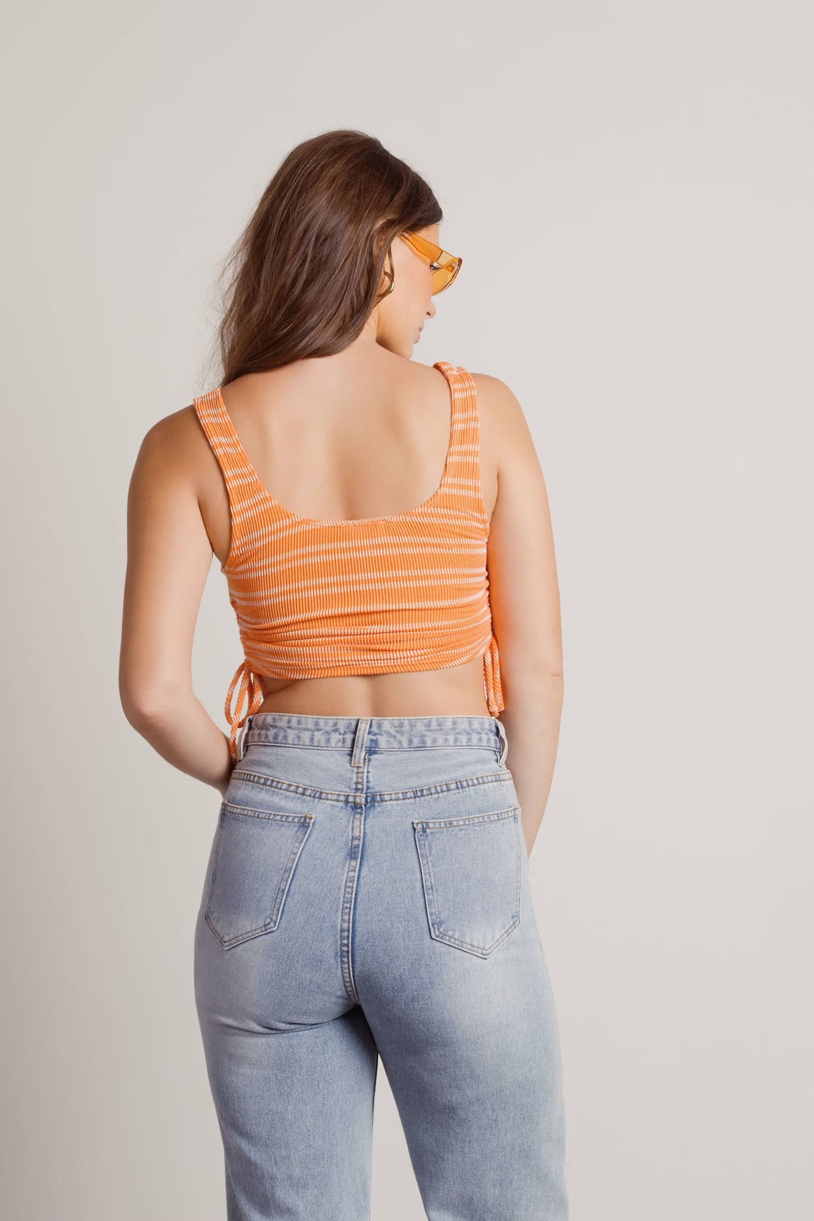 Orange Tank Top - Side Ruched Crop Top - Striped Top