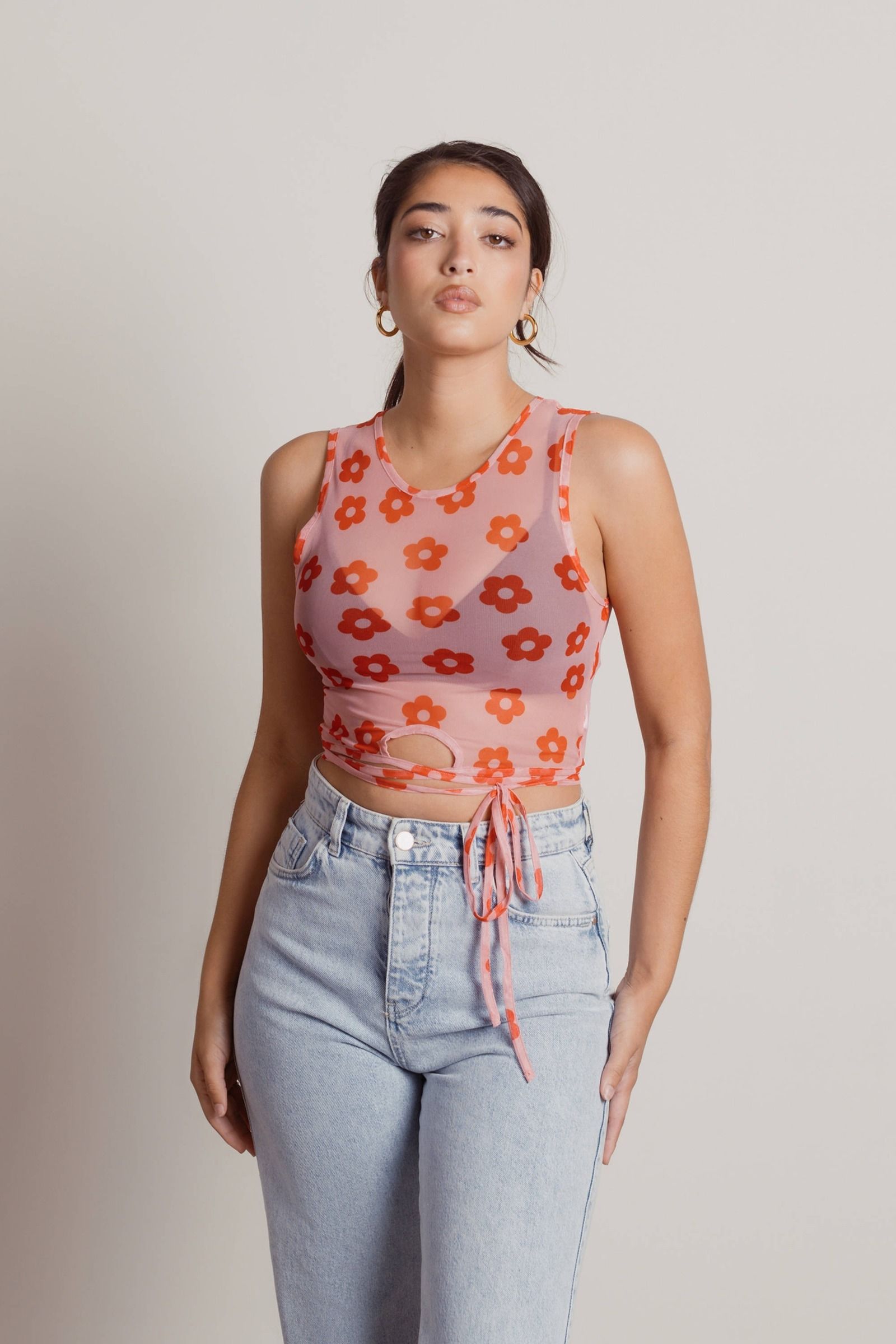 Ginger Sheer Mesh Crop Top - Floral Mesh Top - Sleeveless Tank