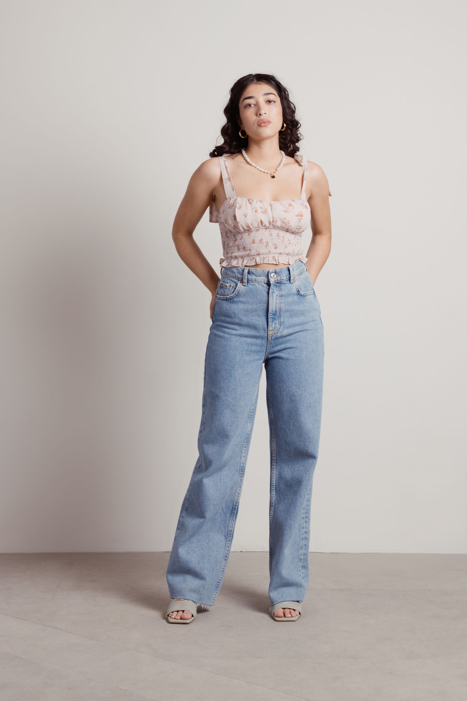 Pink Floral Crop Top - Smocked Tank Top - Women's Top