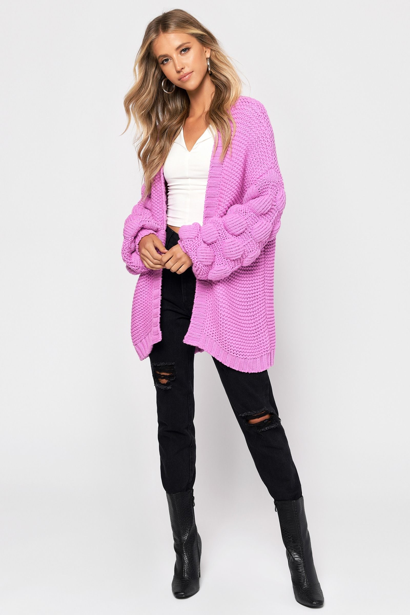 Pink Cardigan - Oversized Sweater - Pink Pom Pom Cardigan