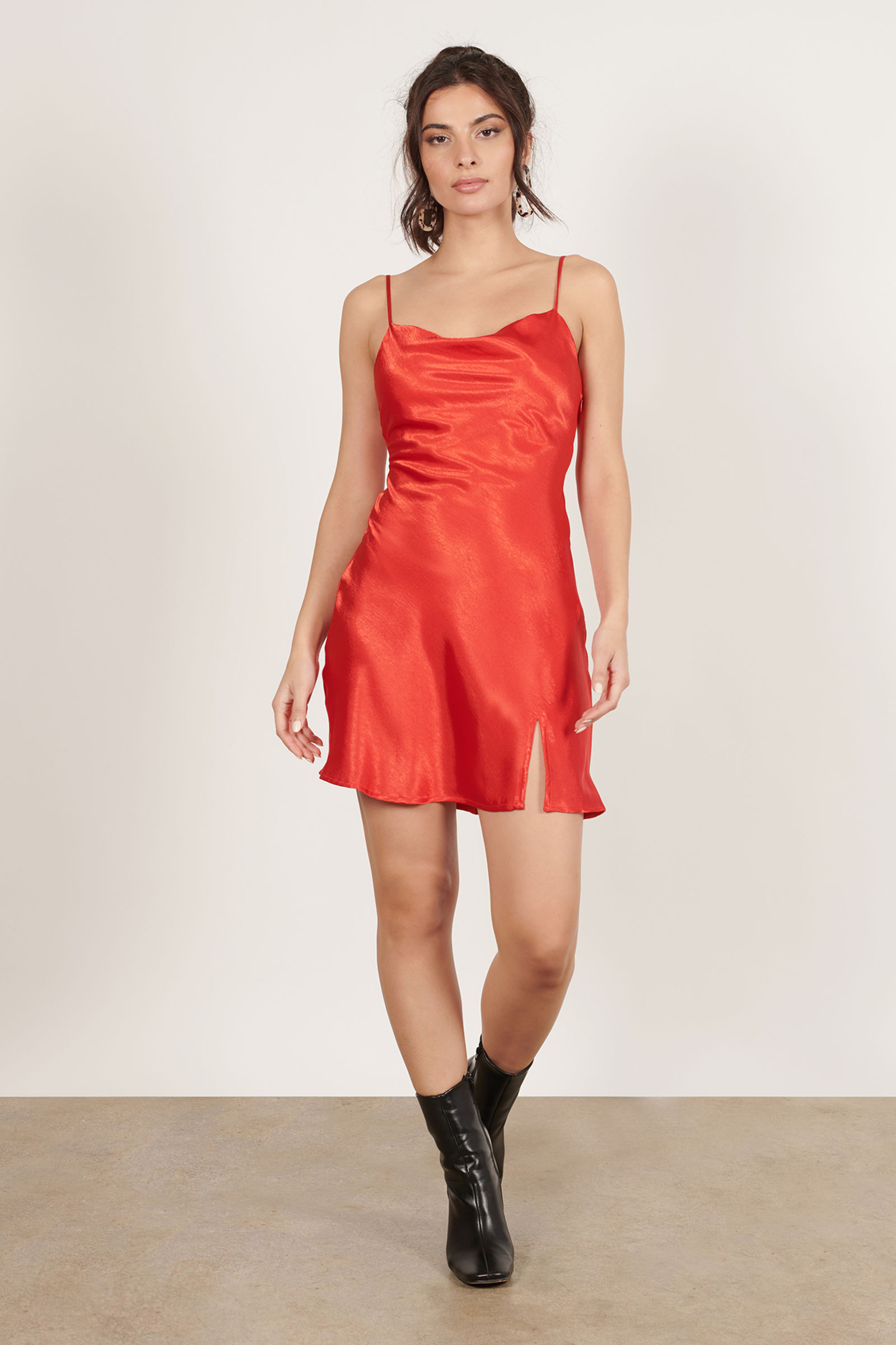 Satin Red Dress - Cowl Neck Shift Dress - Red Slit Mini Dress