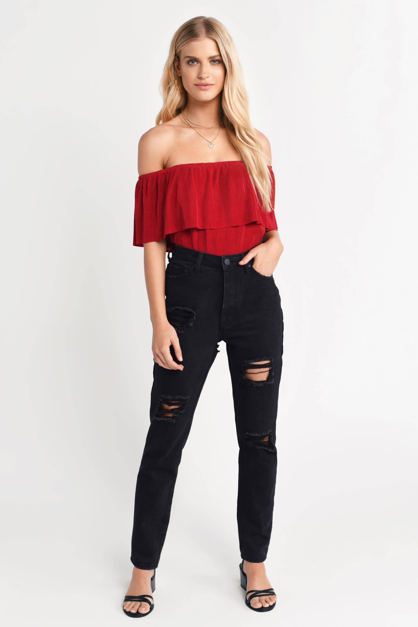Cute Red Blouse - Date Top - Off Shoulder Red Top - Pleated Top