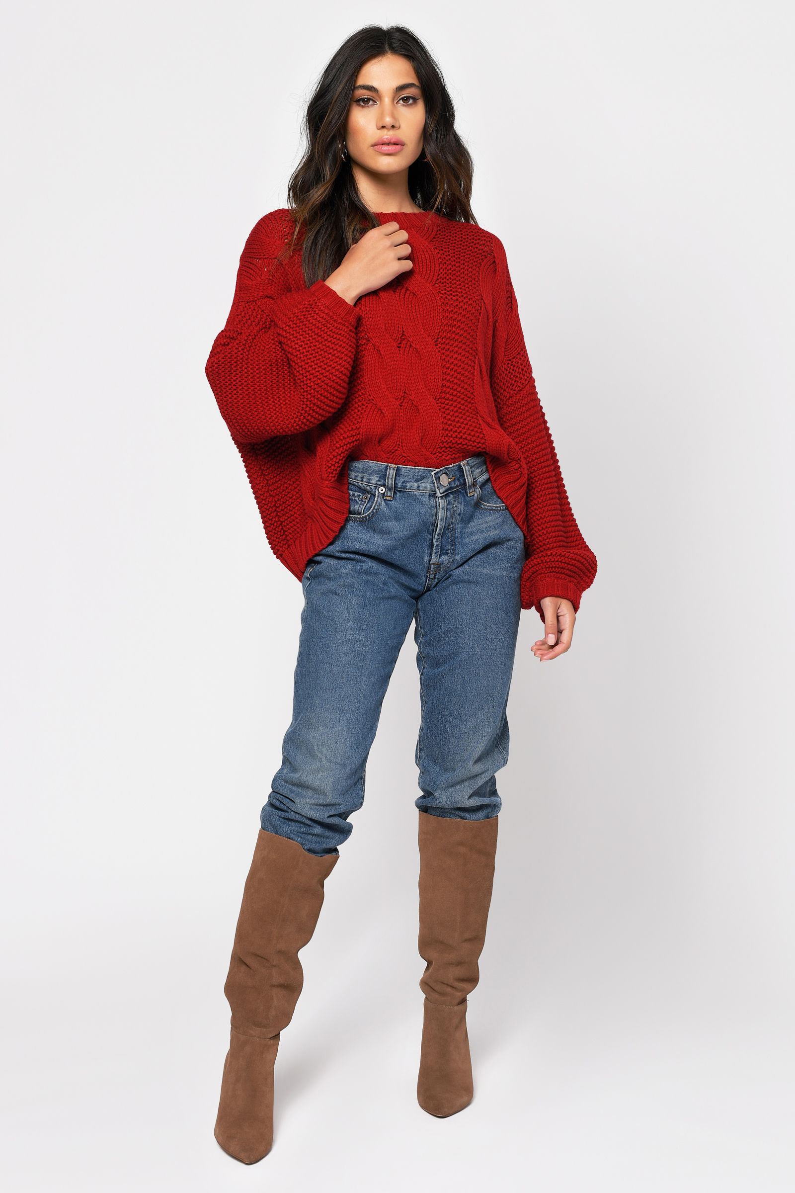 Red Sweater - Chunky Knit Sweater - Crew Neckline Sweater