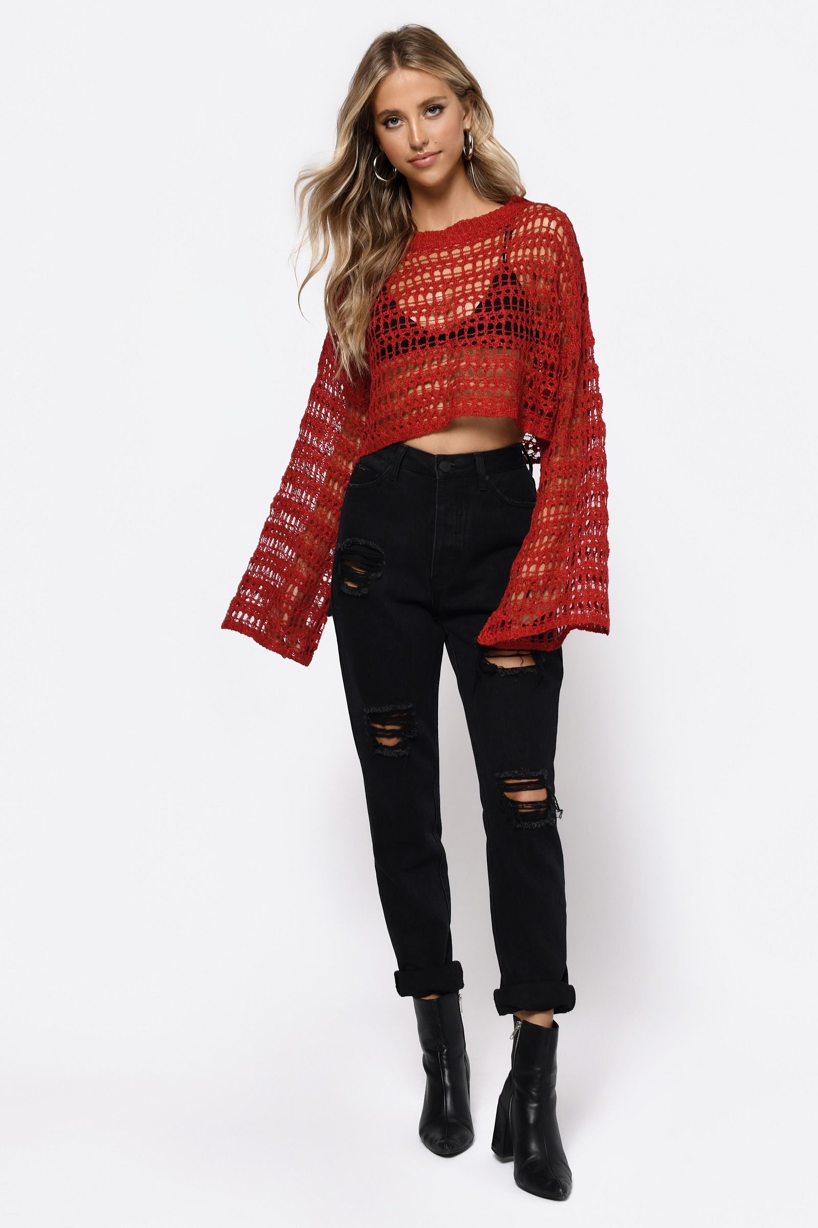 Red Crop Sweater - Crochet Knit Crop Sweater - Crew Neckline Crop Sweater