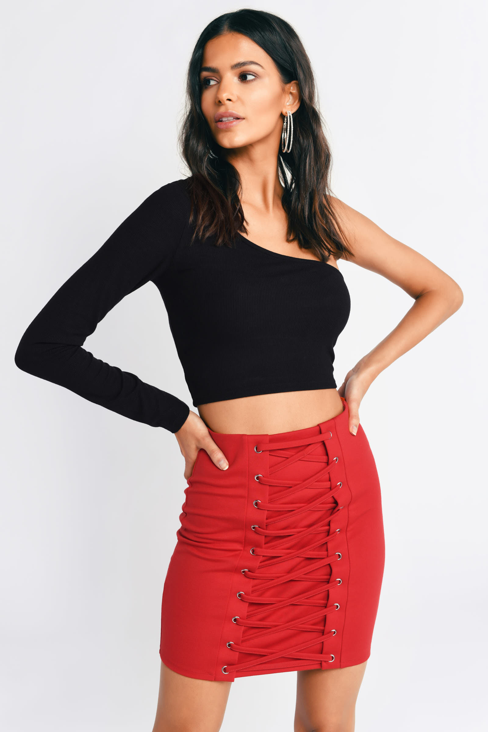 Red Skirt - Going Out Skirt - Red Lace Up Mini Skirt