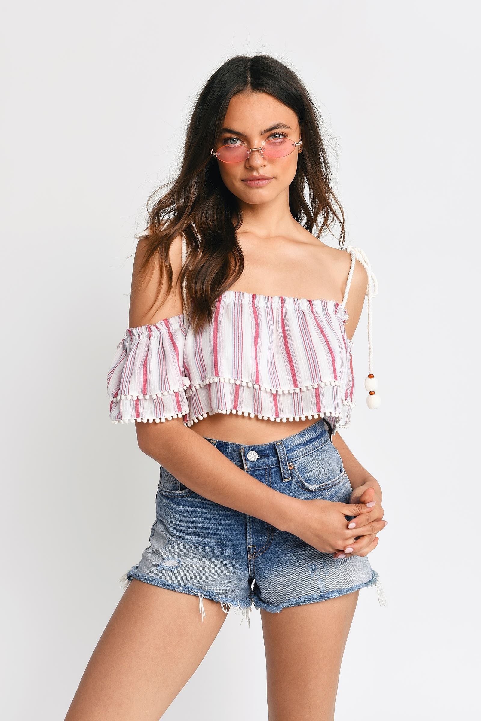 Blue Crop Top - Multi Stripe Crop Top - Tiered Crop Top