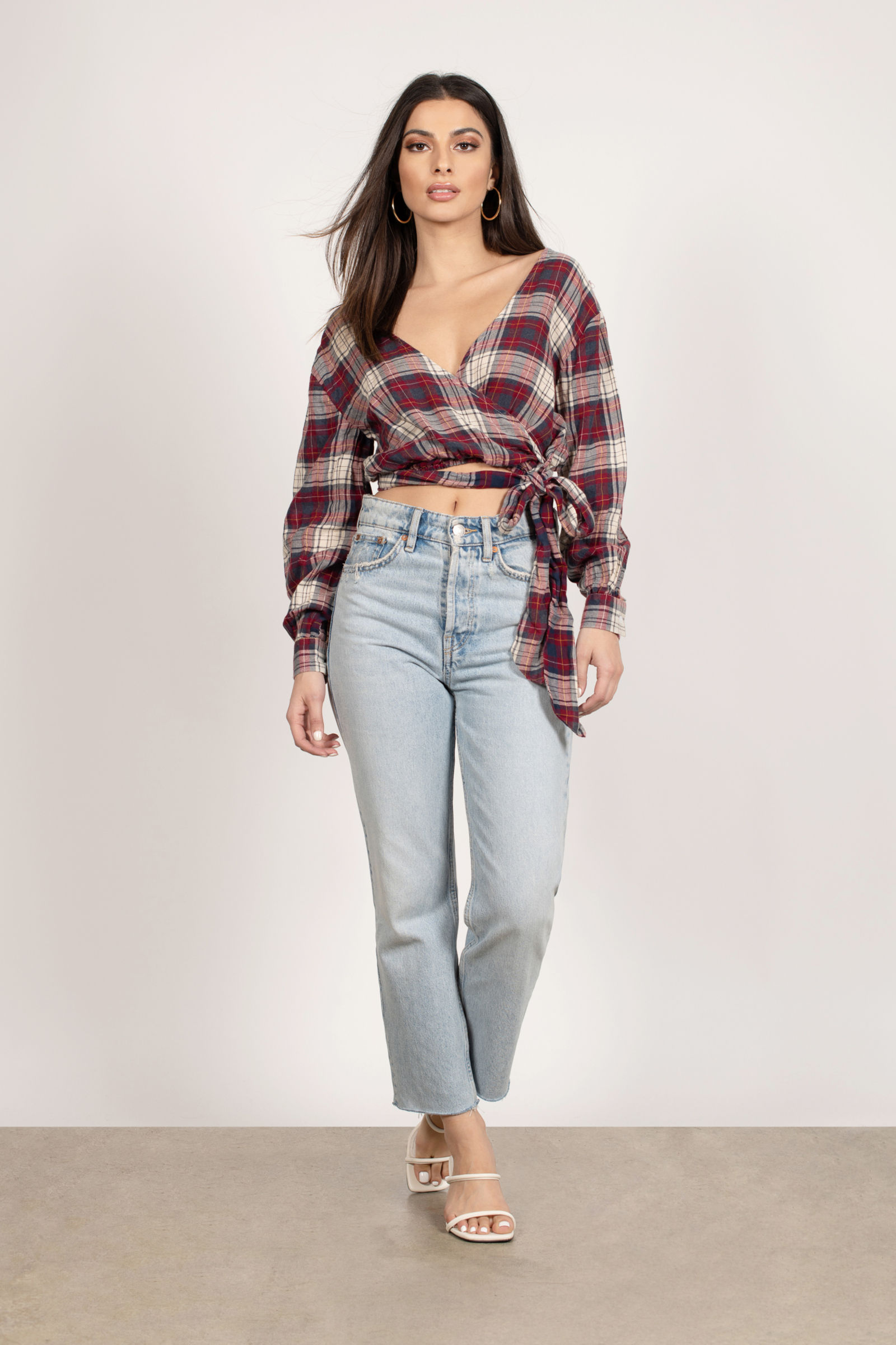 Multi Red Crop Top - Multi Surpline Plaid Crop Top - Plunging Neck Crop Top