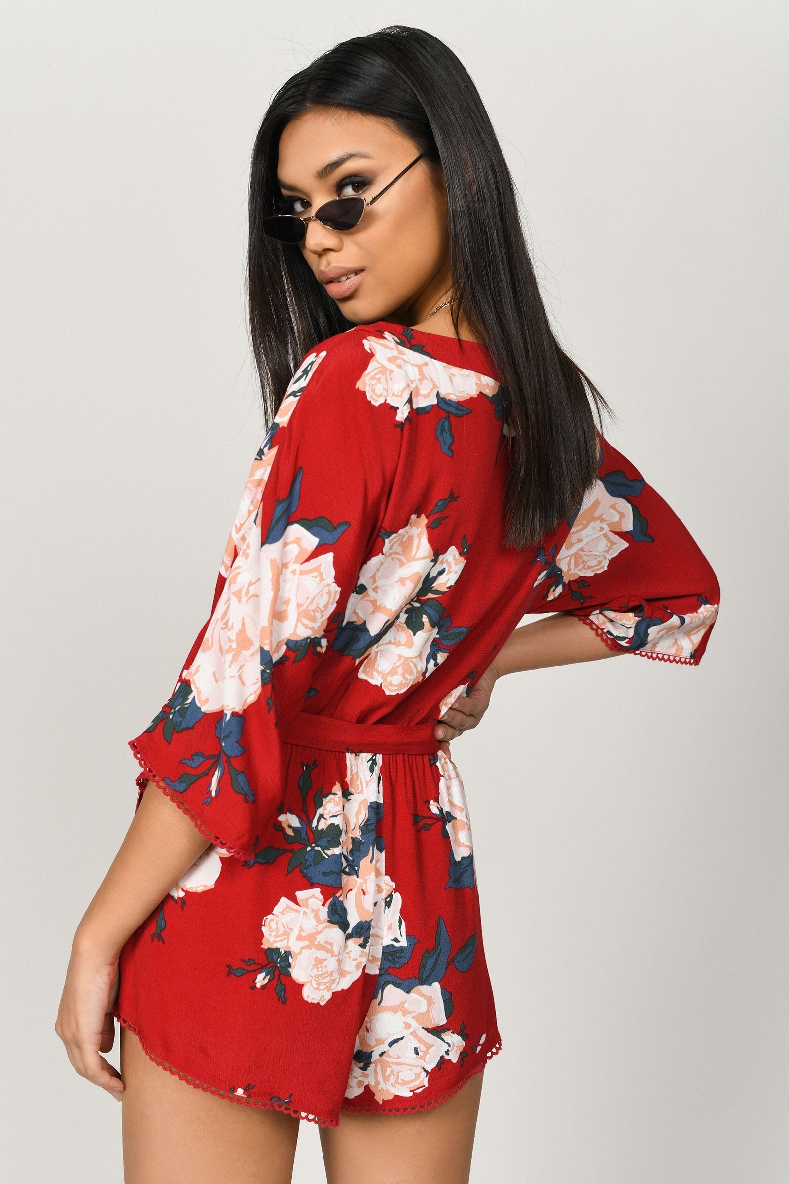 Bright Red Romper - Floral Romper - Picot Trim Romper
