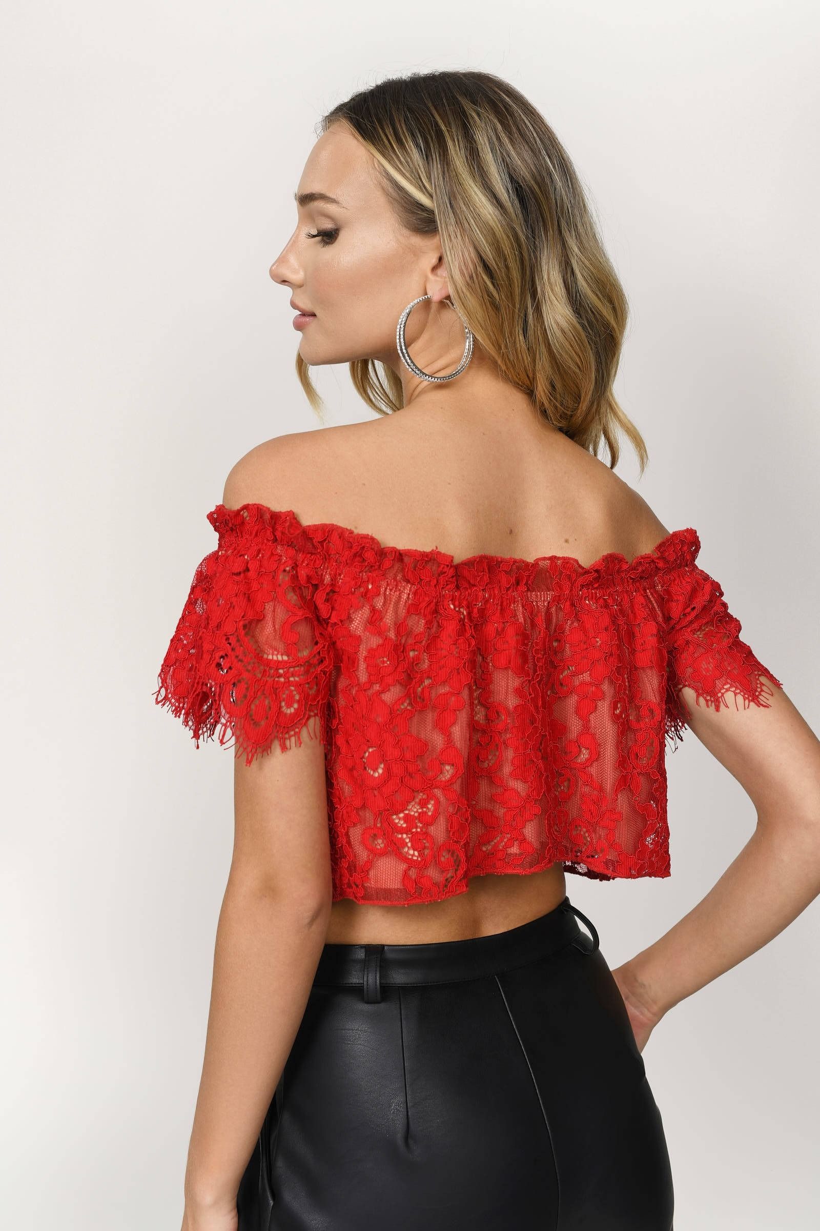 Red Crop Top - Lace Off Shoulder Crop top - Runched Crop Top