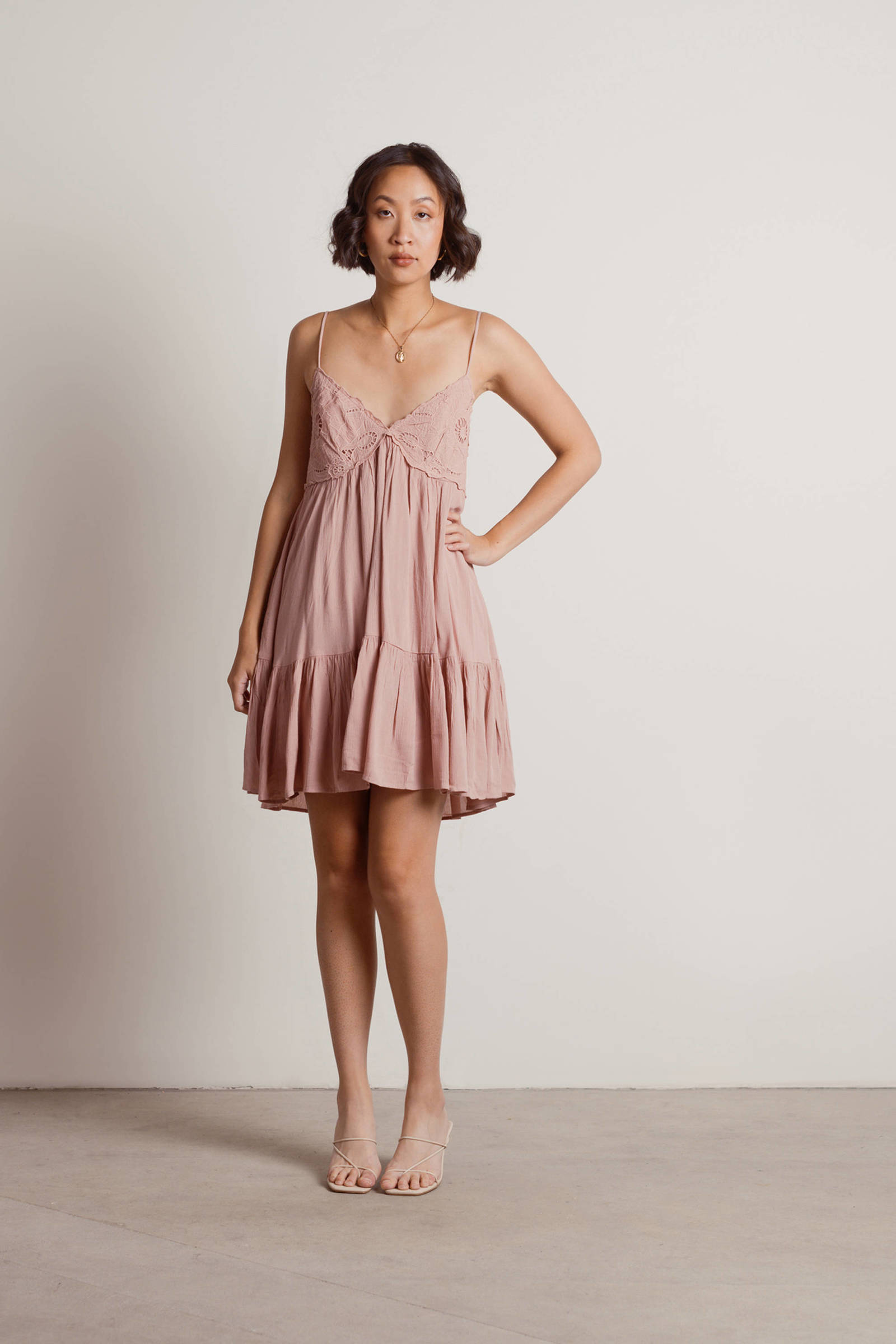 Rose Mini Dress - Crinkle Gauze Flowy Dress - Pink Skater Dress