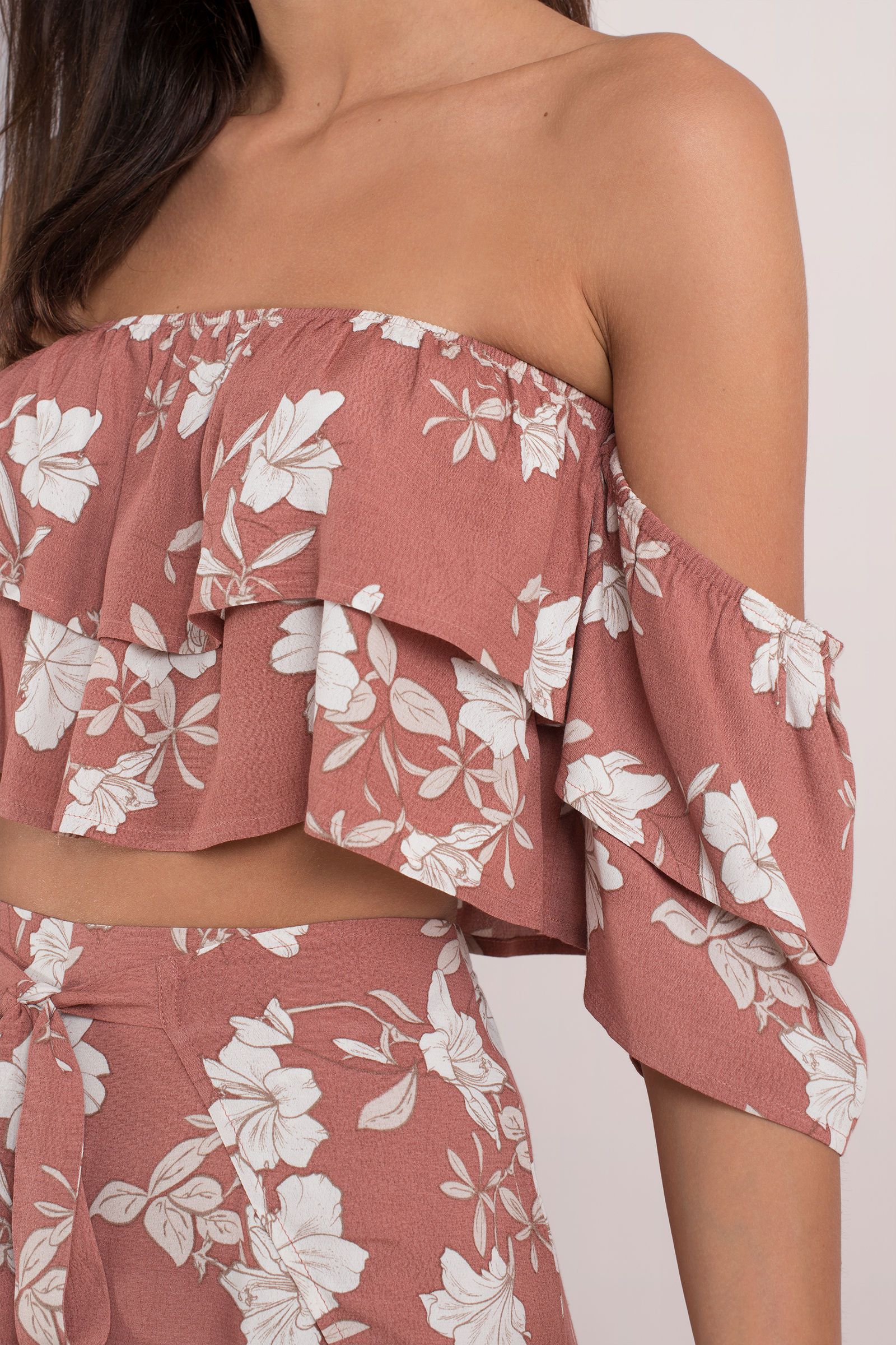 Red Crop Top - Off Shoulder Ruffle Crop Top - Rose Floral Tiered Crop Top