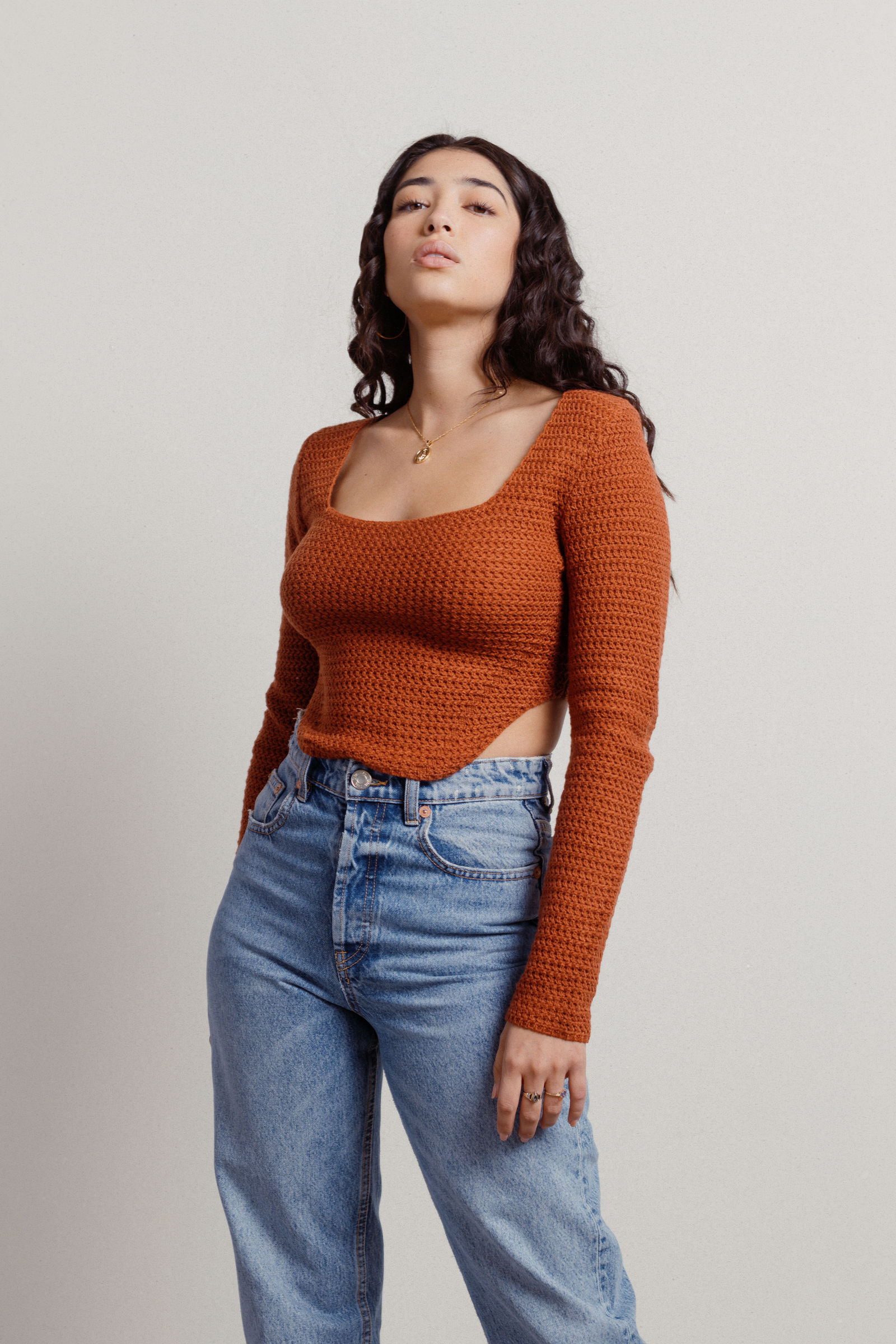 Brown Crop Top - Back Lace Up Knit Crop Top - Rust Crop Top