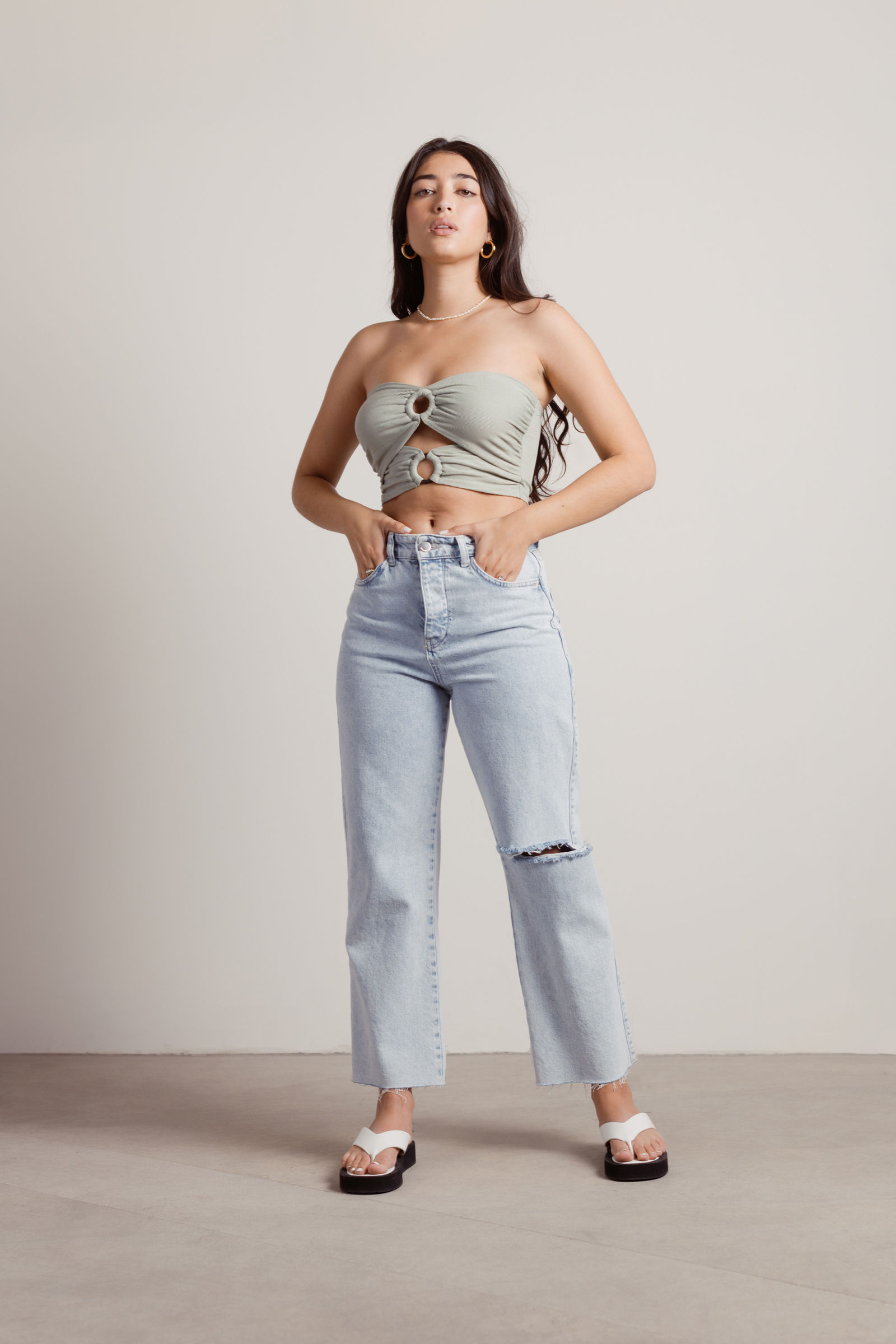 Green Crop Top - O-Rings Tube Crop Top - Sage Ribbed Front Cut Out Crop Top