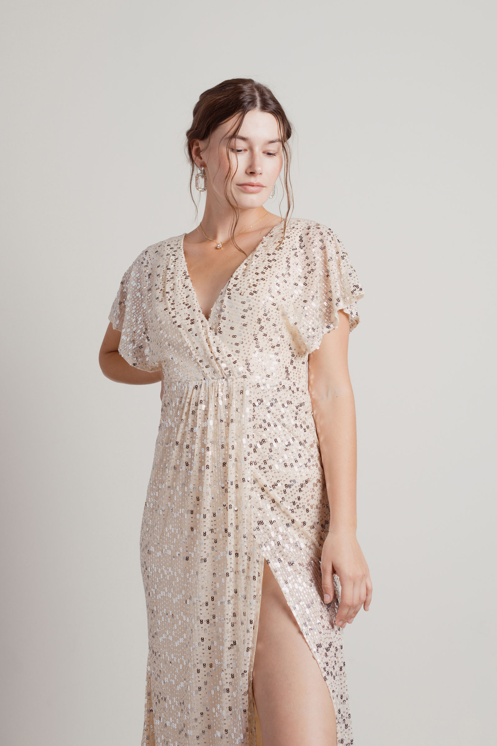 Beige Sequin Dress - Slit Maxi Dress - Tan Silver Dress