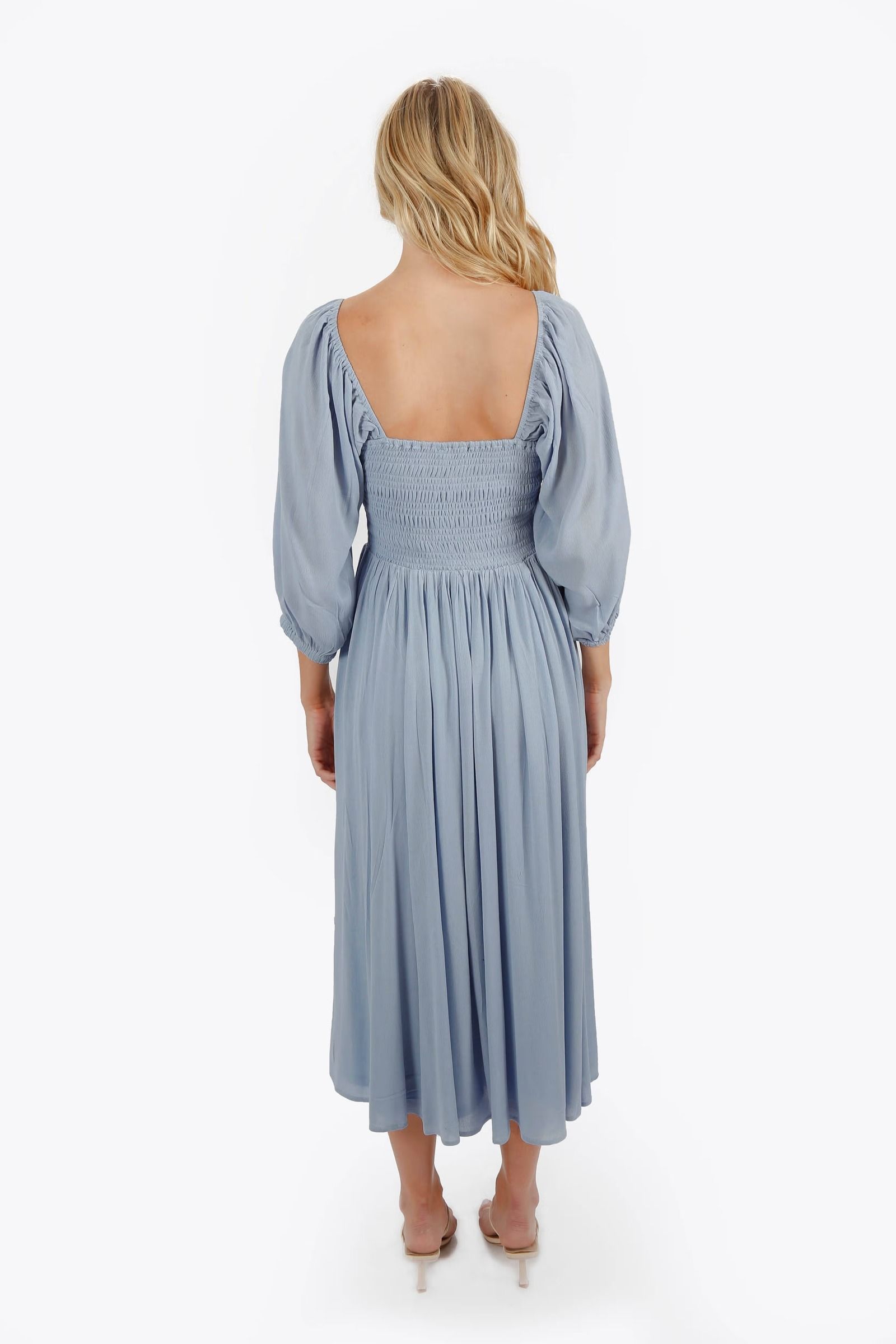 Ariadne Geri Dress Square Neck Smocked Midi Dress - Sky Blue - $41 ...