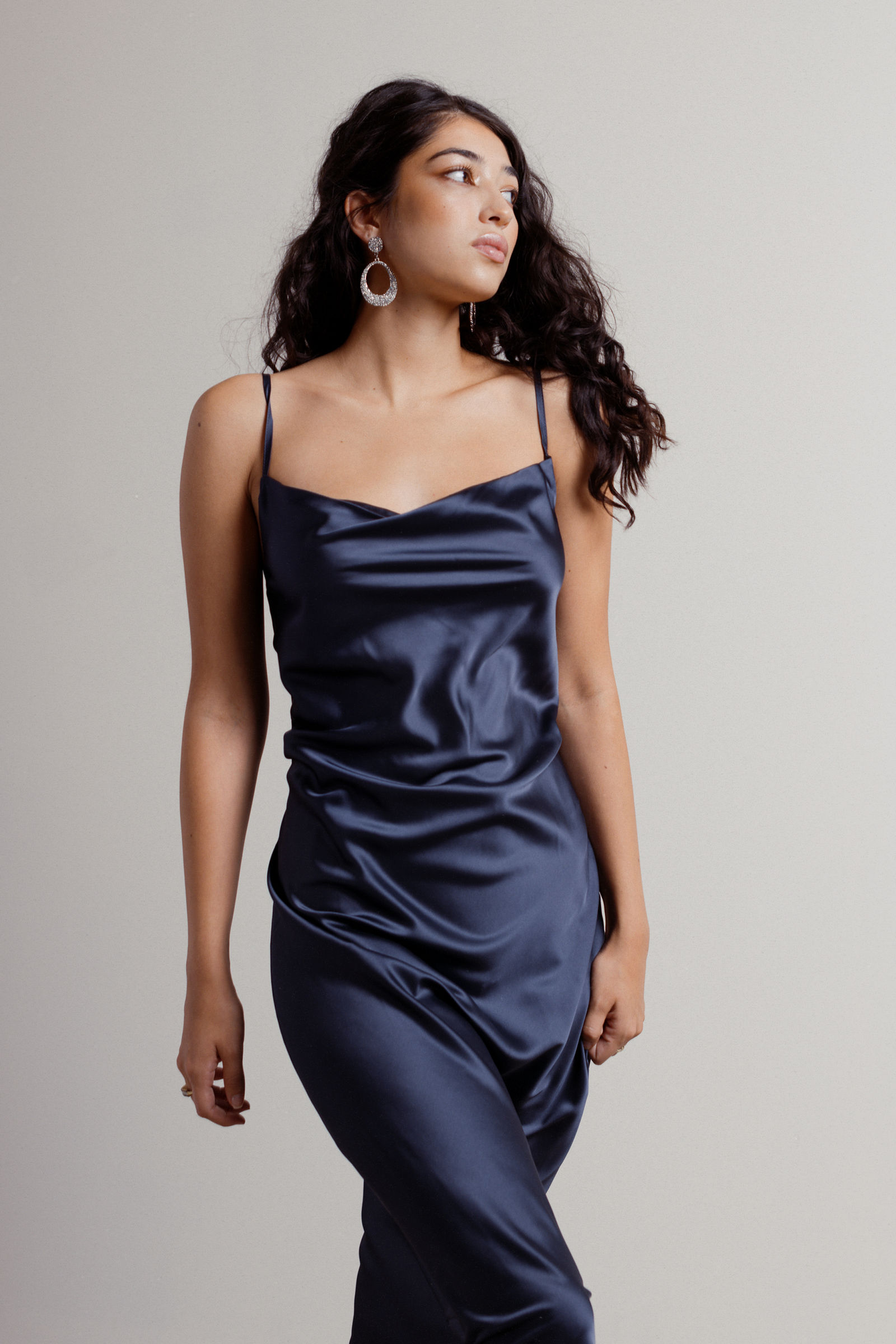 Cassie Sage Cowl Neck Satin Midi Dress