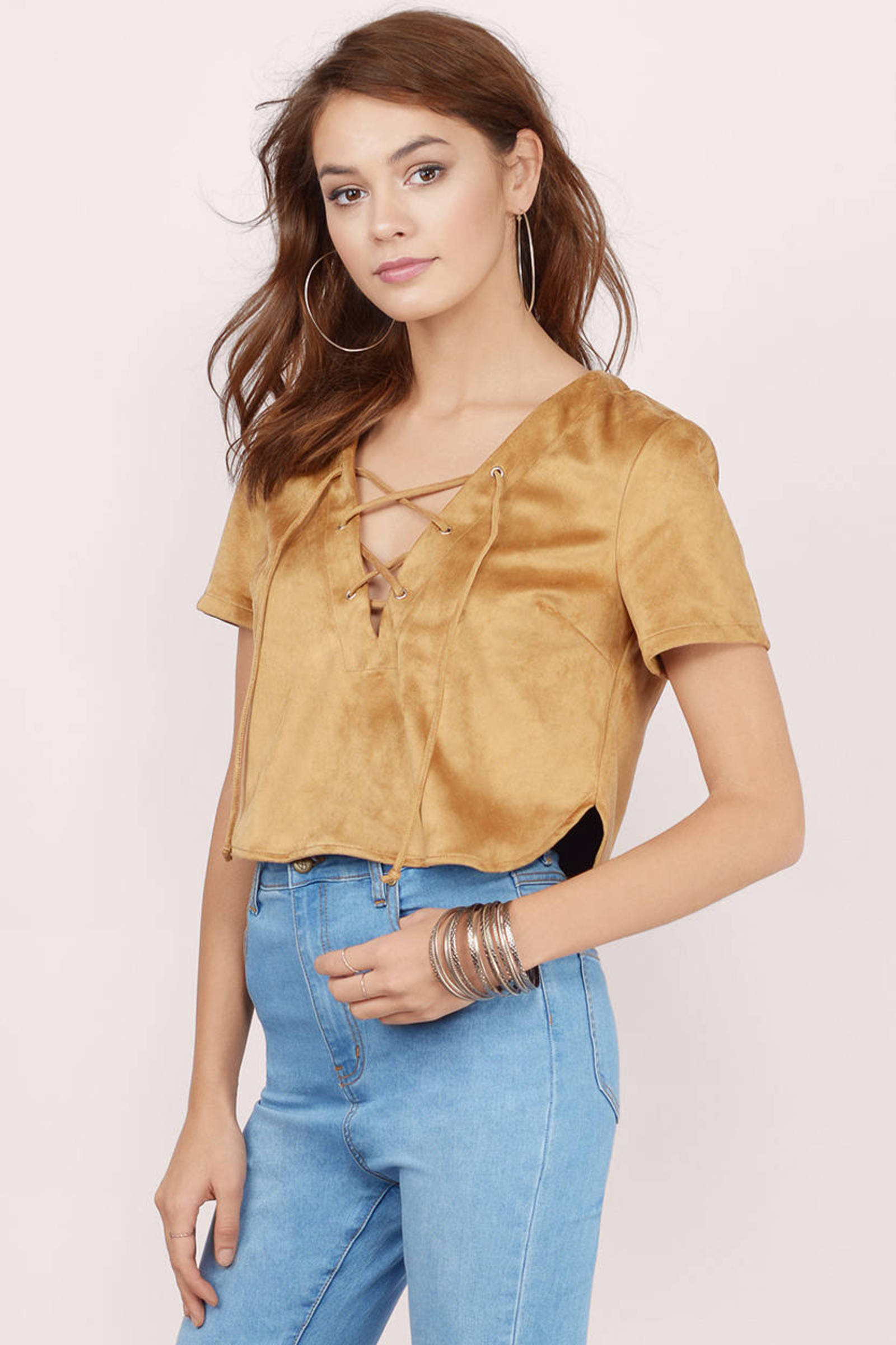 Tan Crop Top - beige Top - Lace Up Top - beige Crop Top