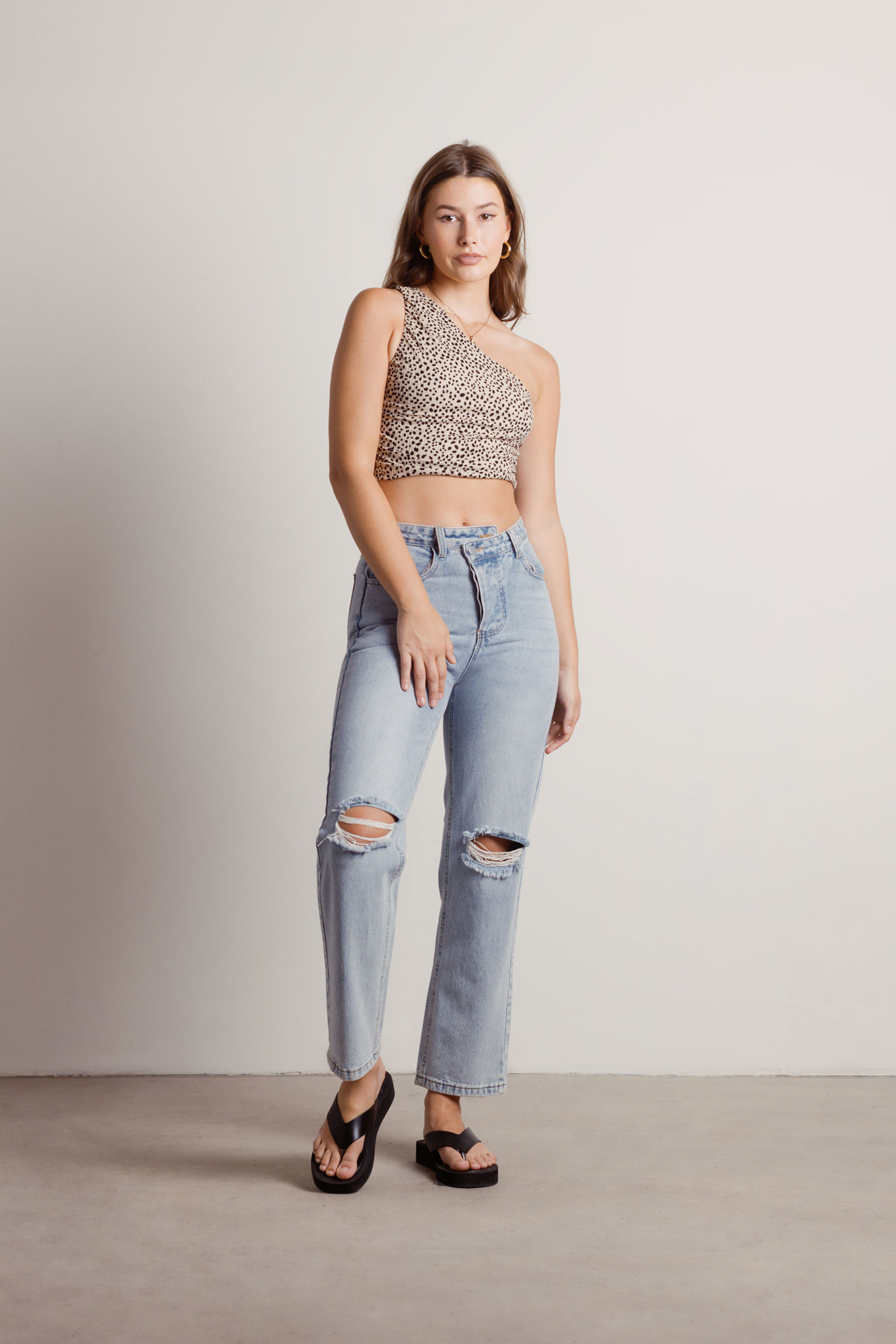 Orange Crop Top - Fitted One Shoulder Crop Top - Tan Cheeta Print Crop Top