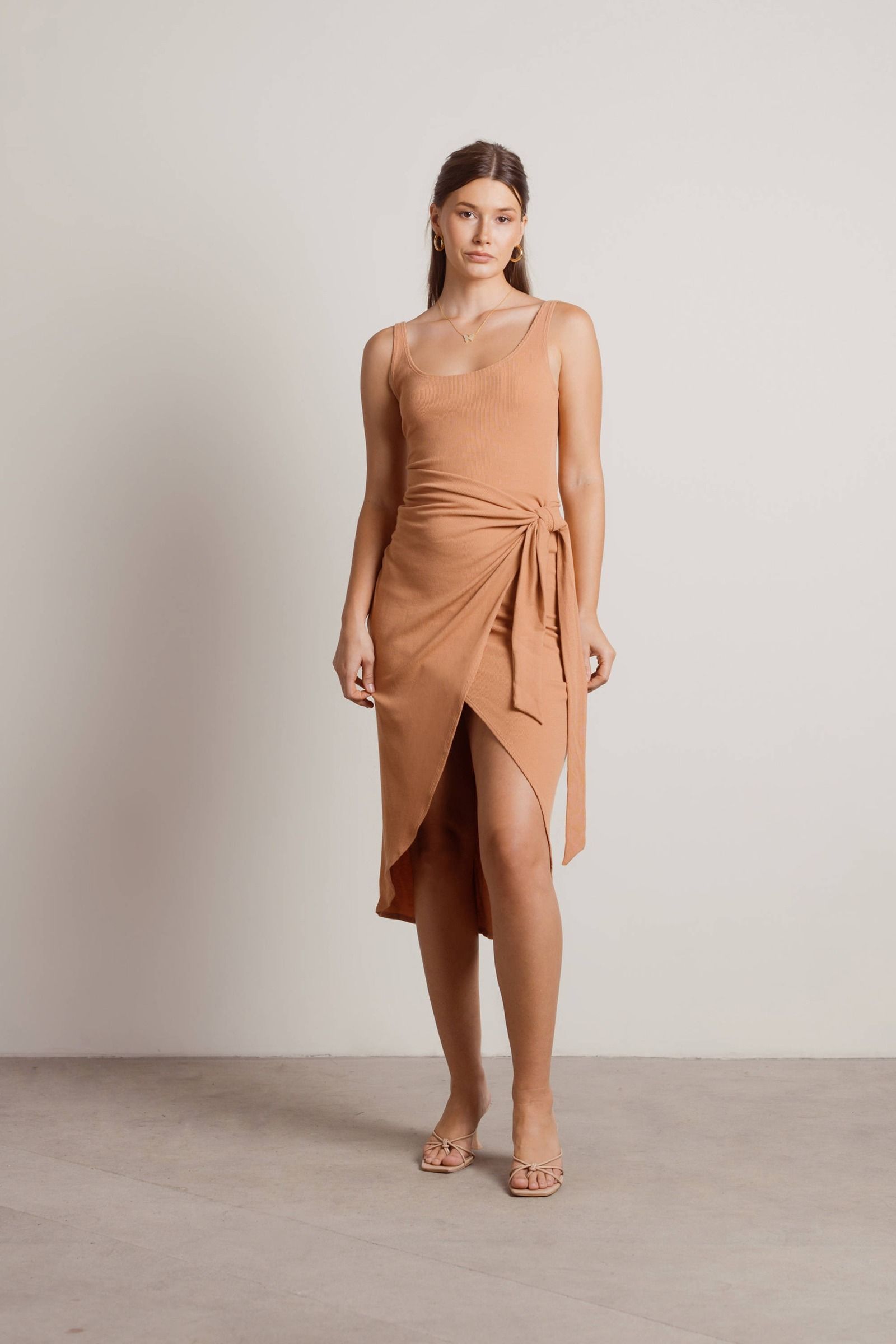 Tan Wrap Dress - Light Brown Midi Dress - Draped Dress