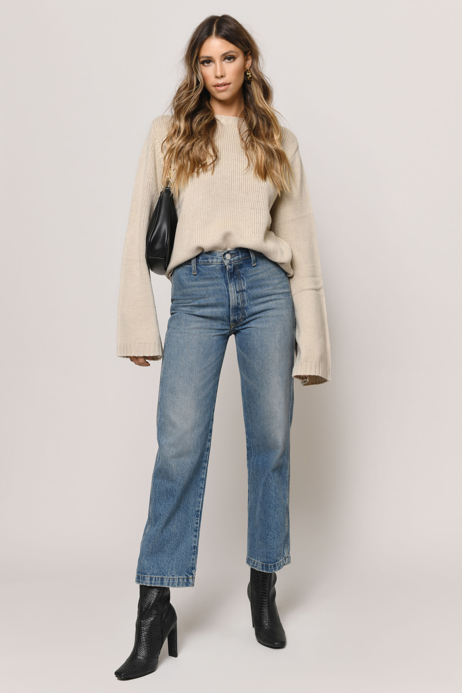 Brown Sweater - Flared Sleeve Sweater - Toast Crew Neckline Sweater