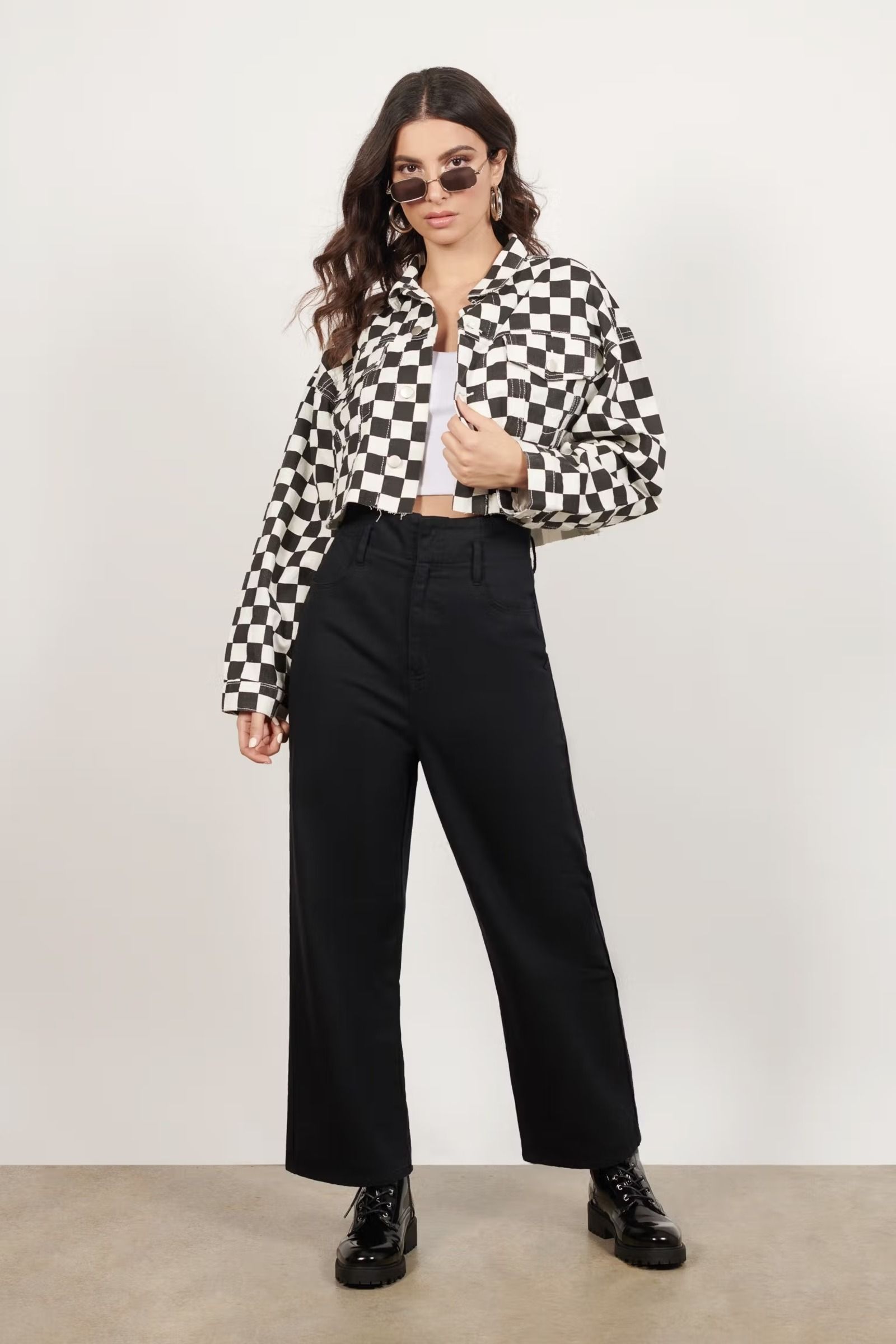 White And Black Denim Jacket - Checkered Denim Jacket - Frayed Hem Jacket