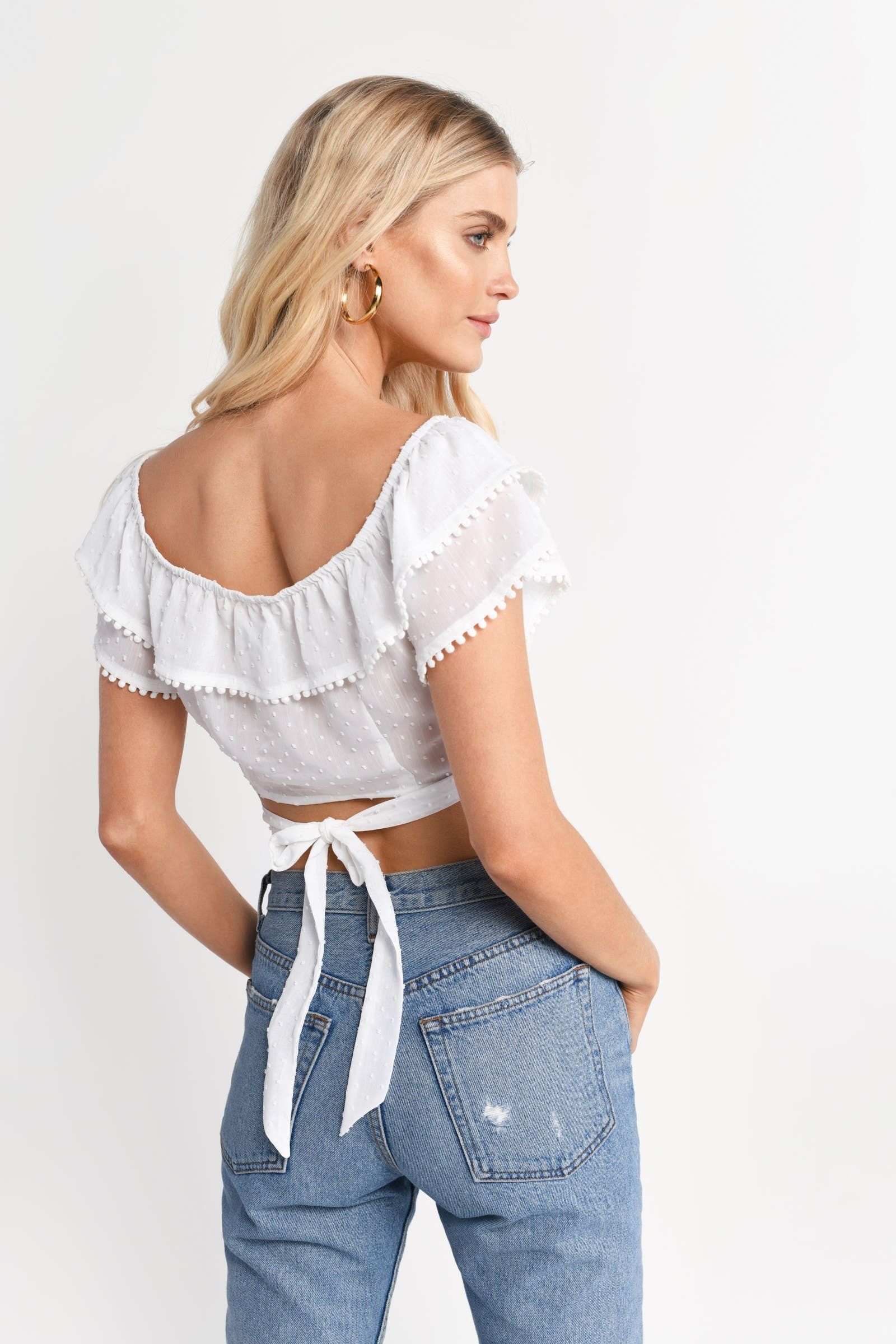 Black Crop Top - Ruffled Crop Top - Black Off Shoulder Wrap Top