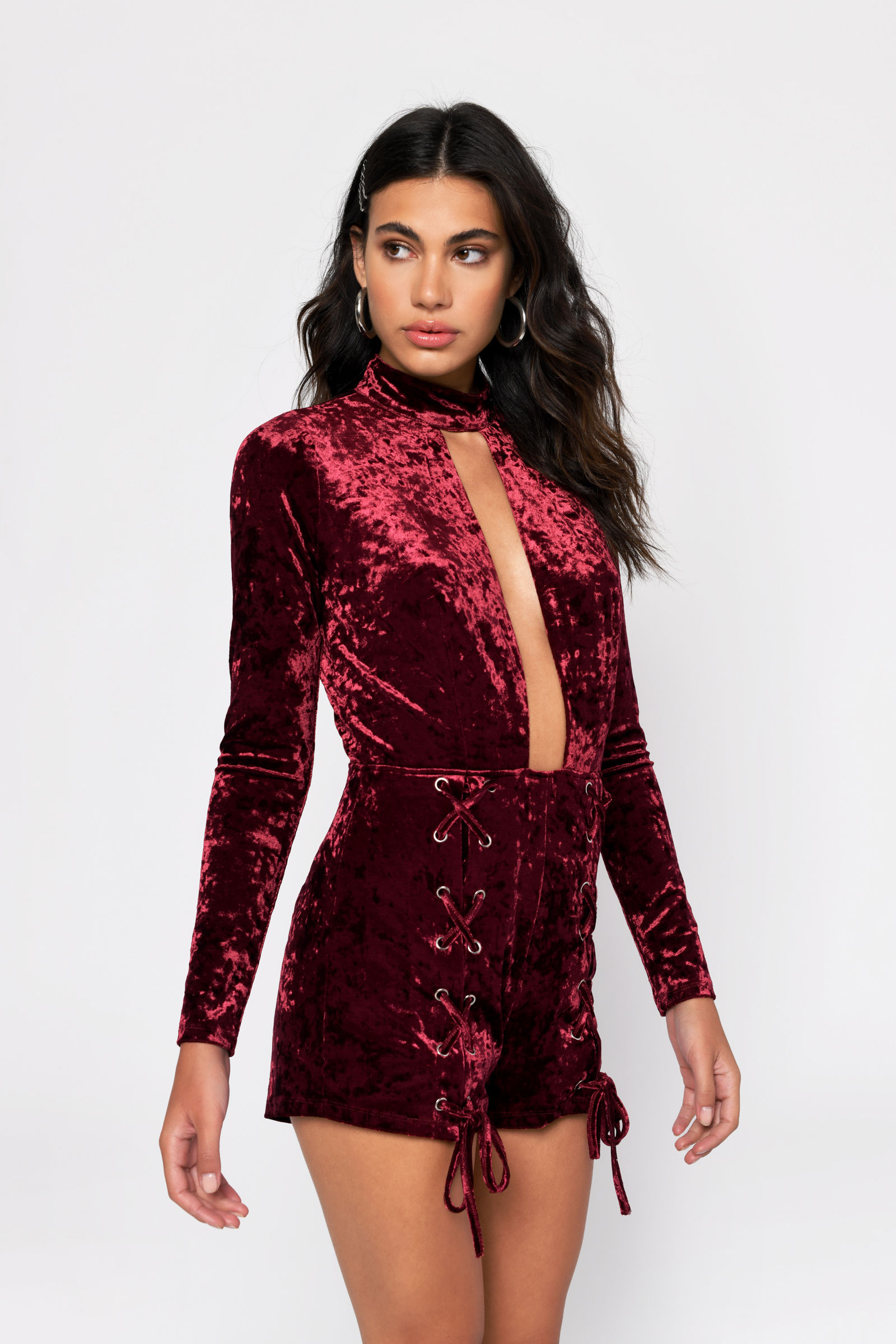 Black Velvet Romper - Plunging Long Sleeve Romper - Lace Up Choker Romper