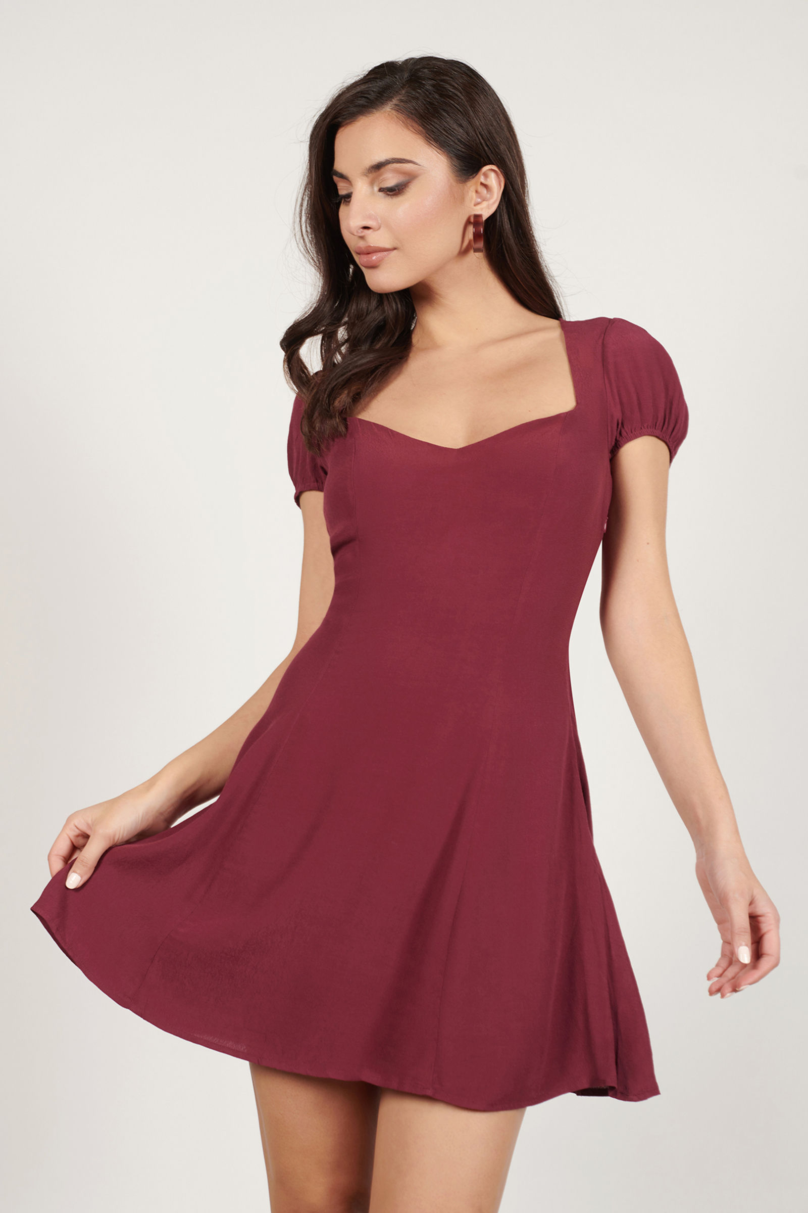 Brown Mini Dress - Sweetheart Neck Skater Dress - Taupe Puff Cap Sleeve ...