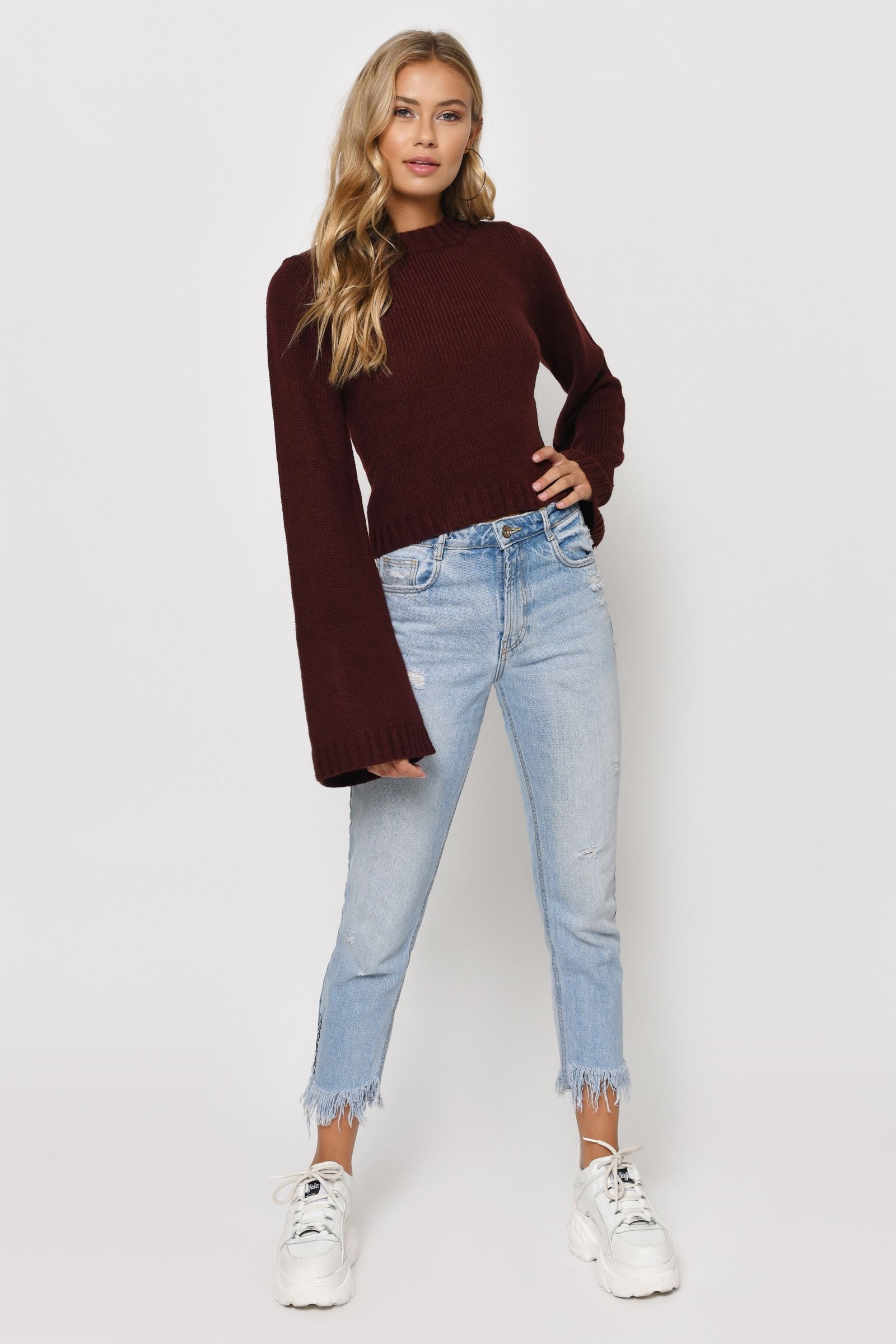 Red Sweater - Lace Up Crop Sweater - Wine Long Sleeve Flared cuffs Sweater